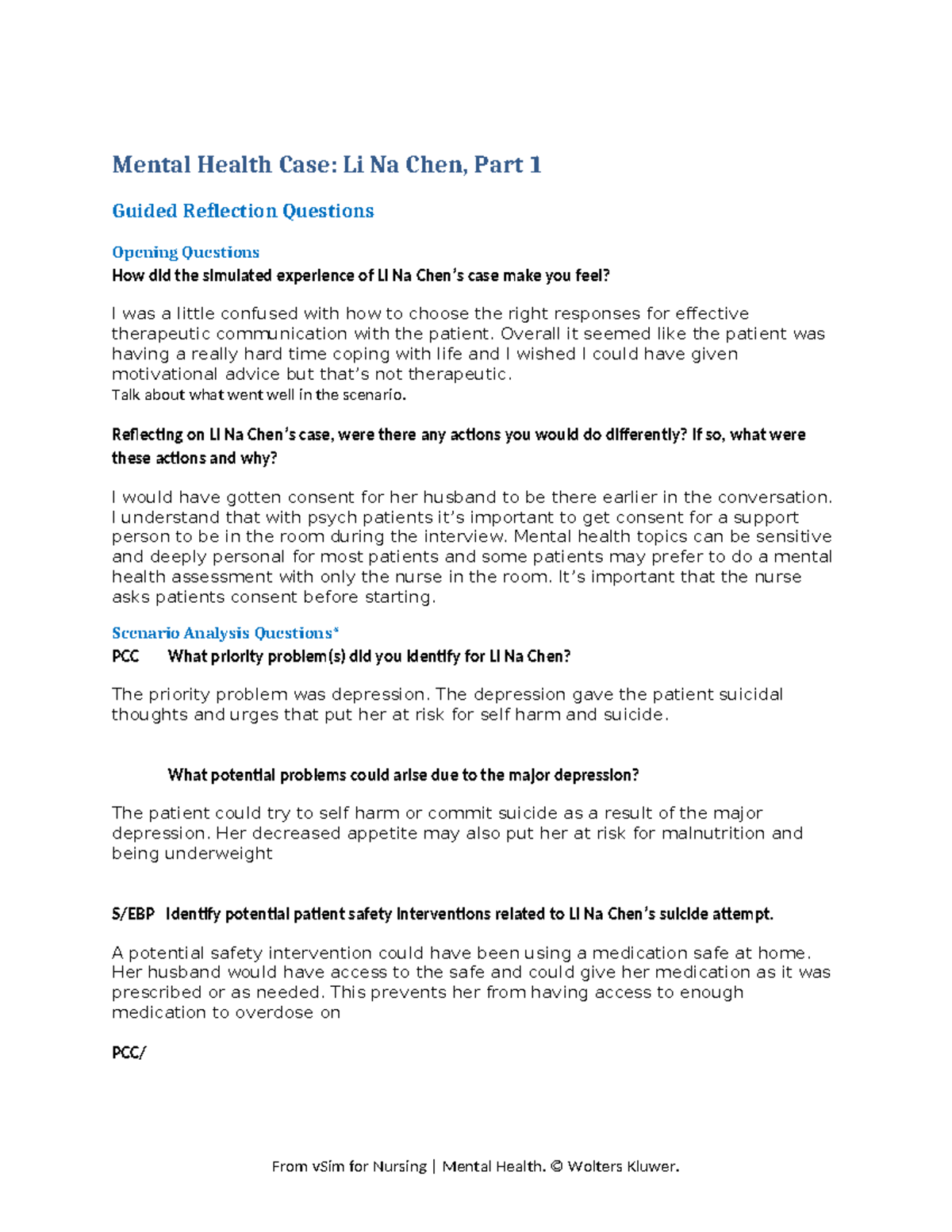 Li Na Chen GRQ wrd - Vsim - Mental Health Case: Li Na Chen, Part 1 Guided Reflection Questions ...