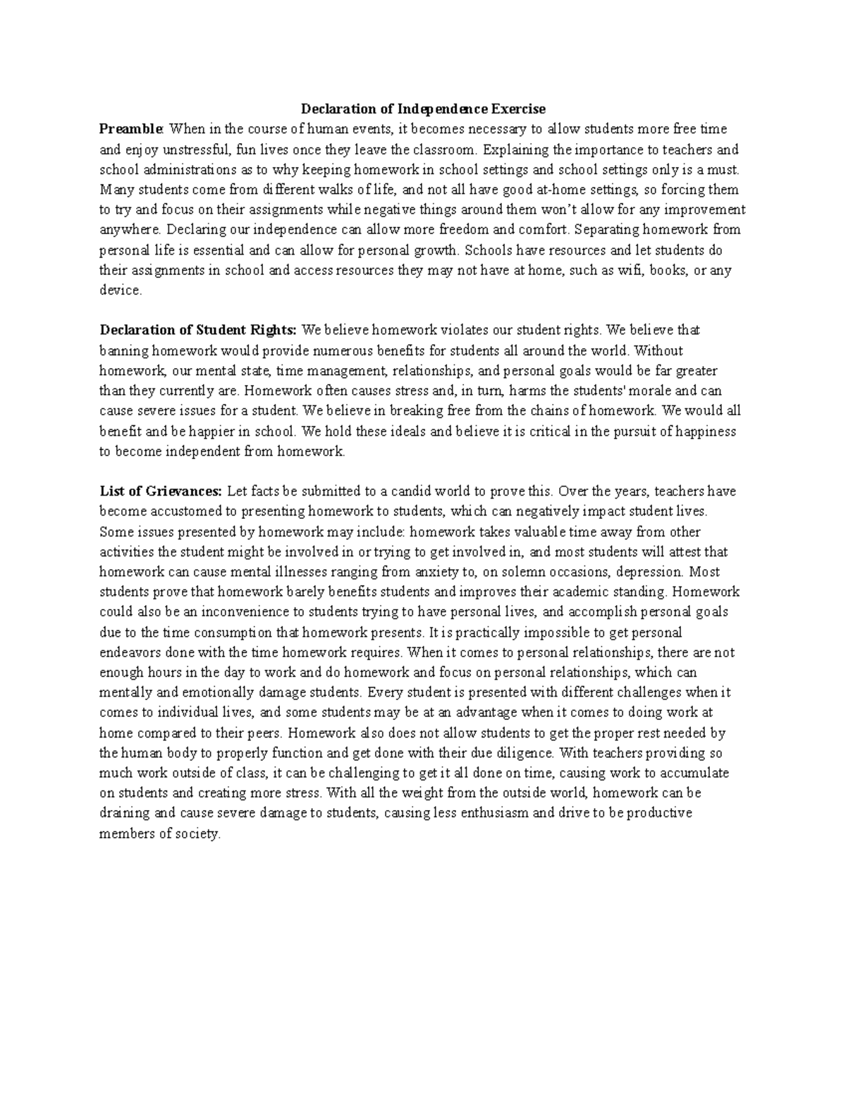 Declaration Of Independence Exercise - Declaration of Independence ...