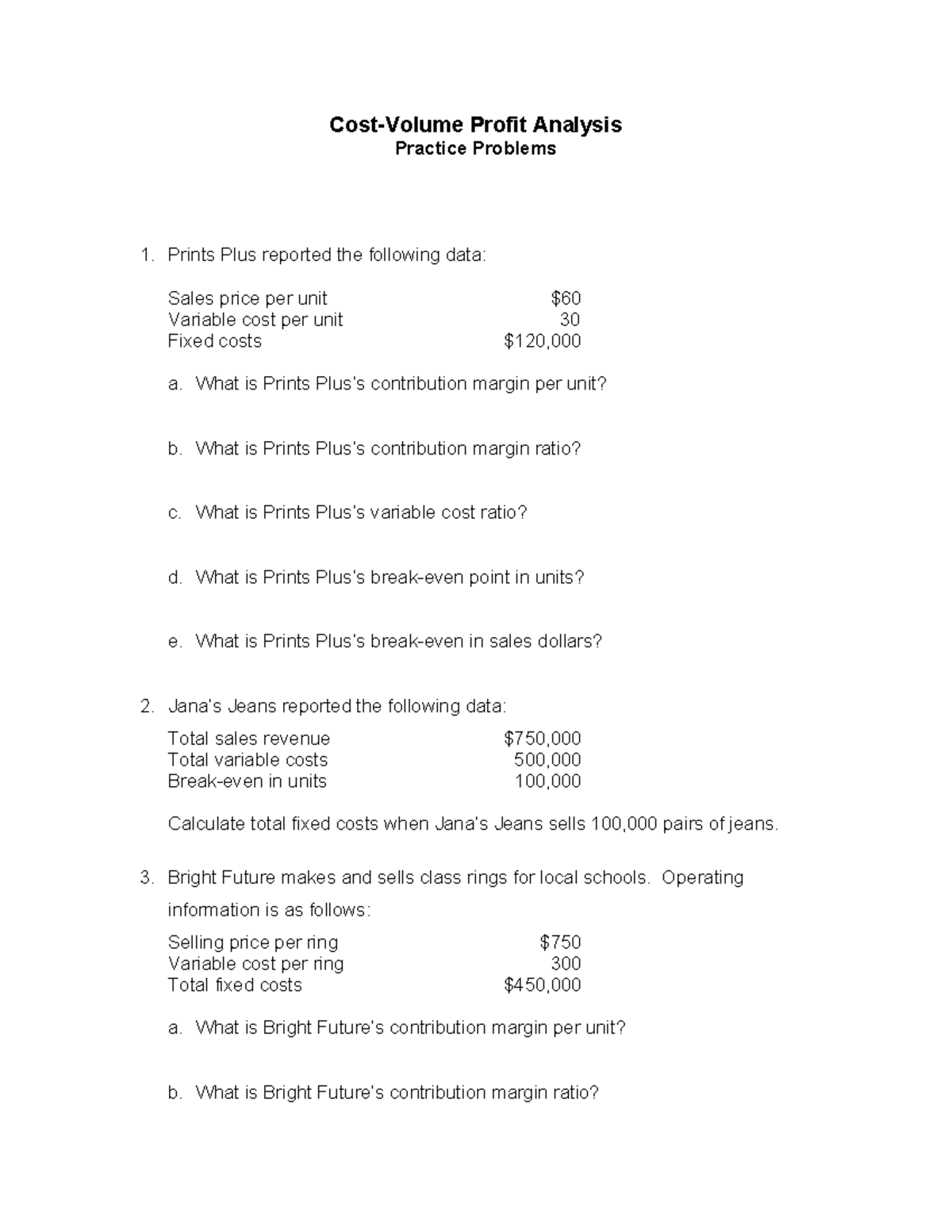 CVP Problems - CVP worksheet - Cost-Volume Profit Analysis Practice Problems Prints Plus ...