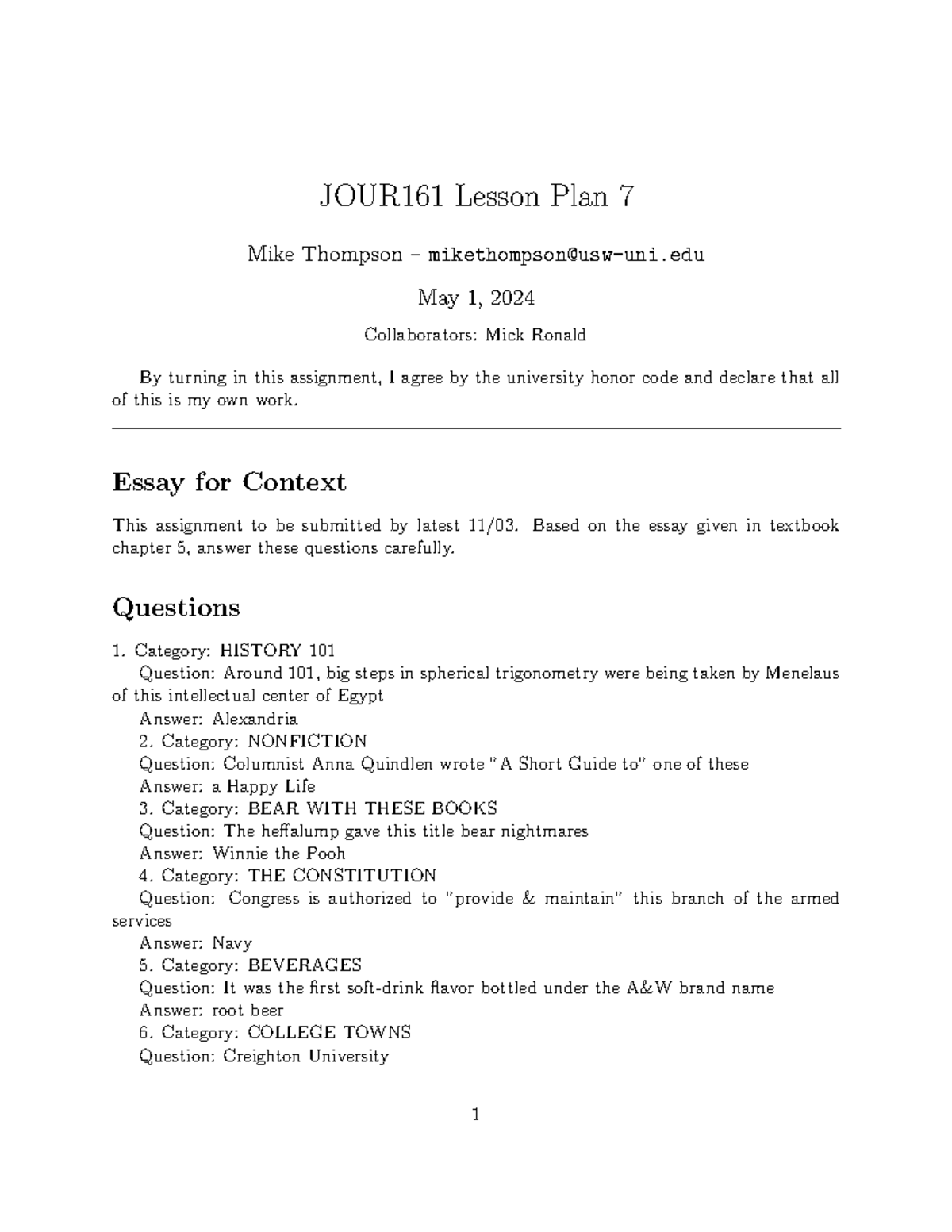 JOUR161 Lesson Plan 7 - Examines the relationship between sports and ...
