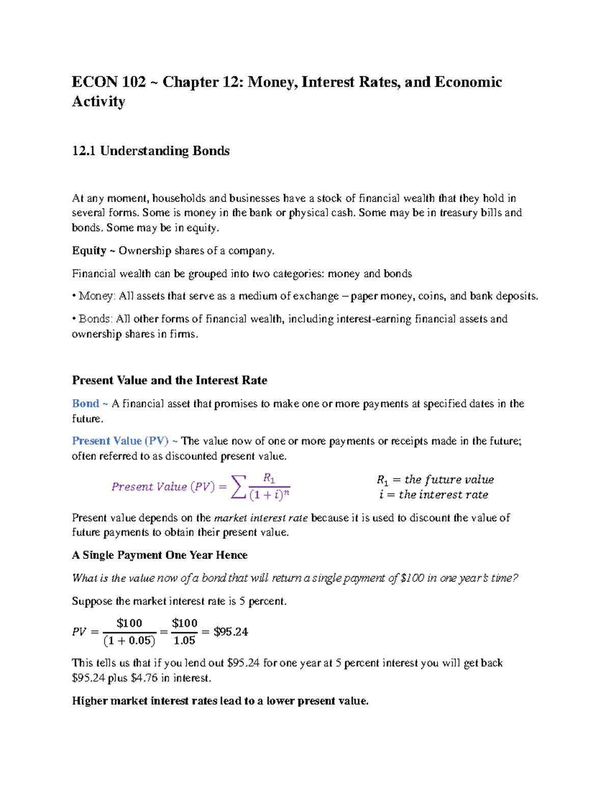 ECON102 - Chapter 12 - ECON 102 ~ Chapter 12: Money, Interest Rates ...