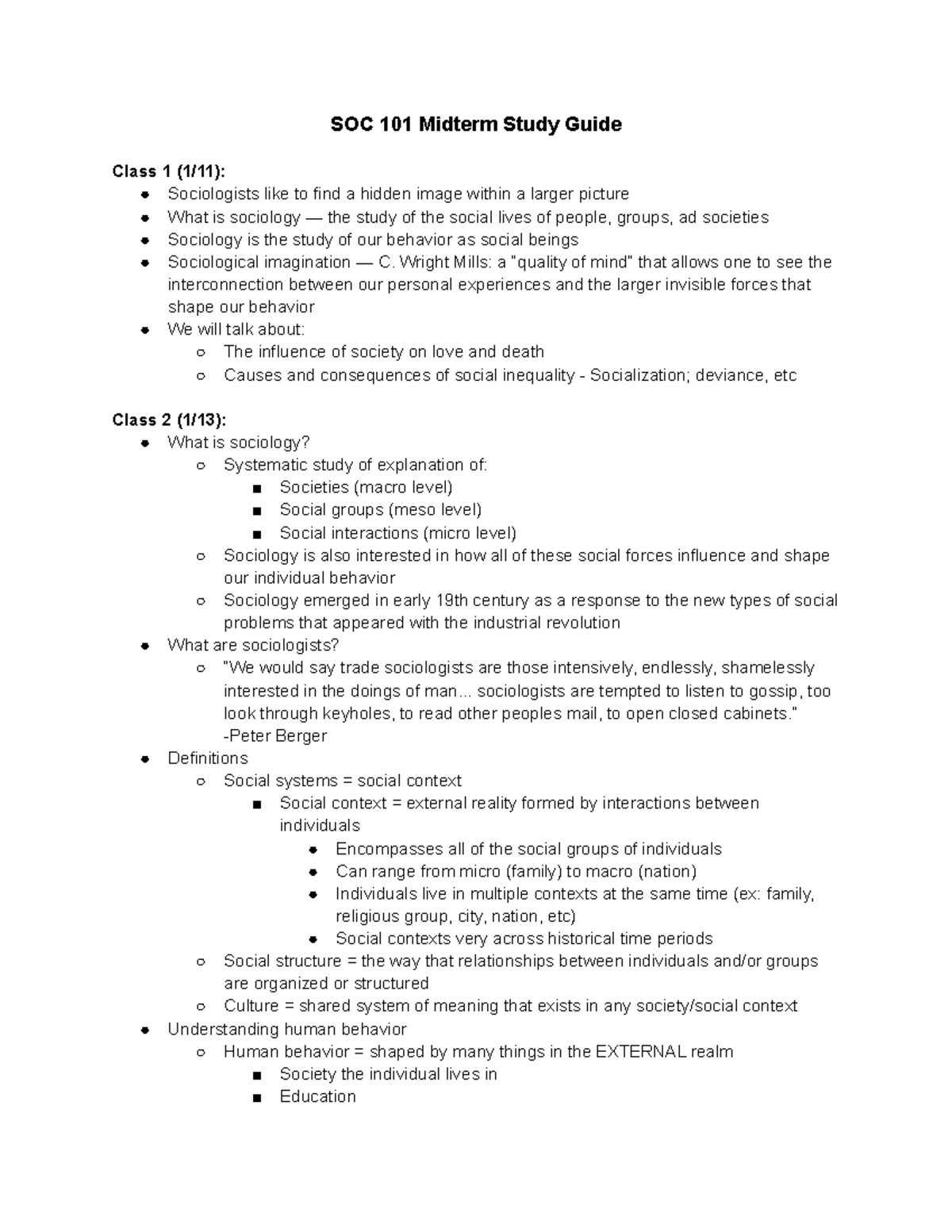 SOC 101 Midterm Study Guide - SOC 101 Midterm Study Guide Class 1 (1/11 ...