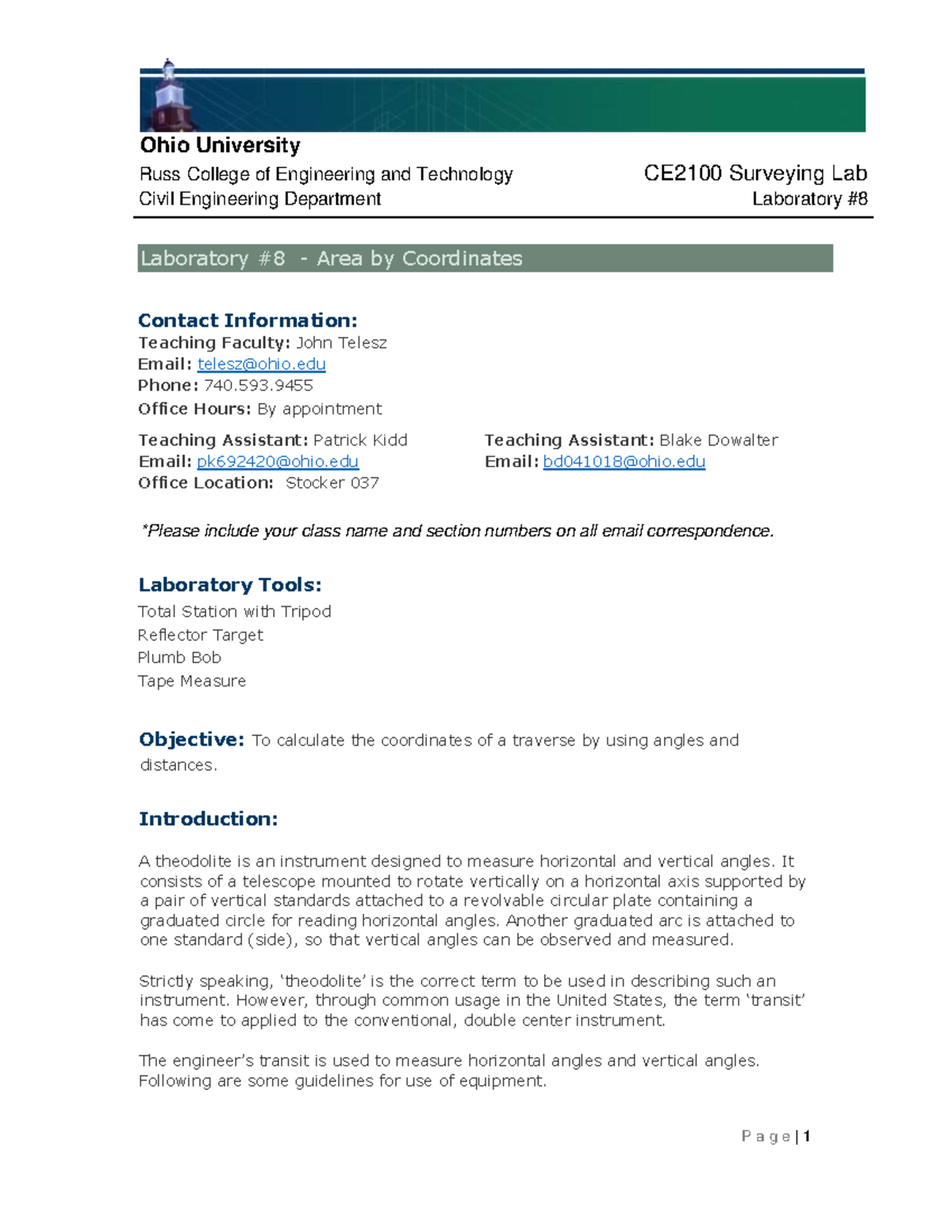 CE 2100 Surveying Lab #8 - Russ College of Engineering and Technology ...