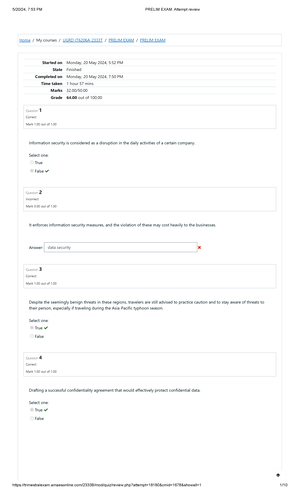 AI 1ST Attempt Prelim QUIZ 1 - Question 1 Correct Mark 1 out of 1. Flag question Question text ...