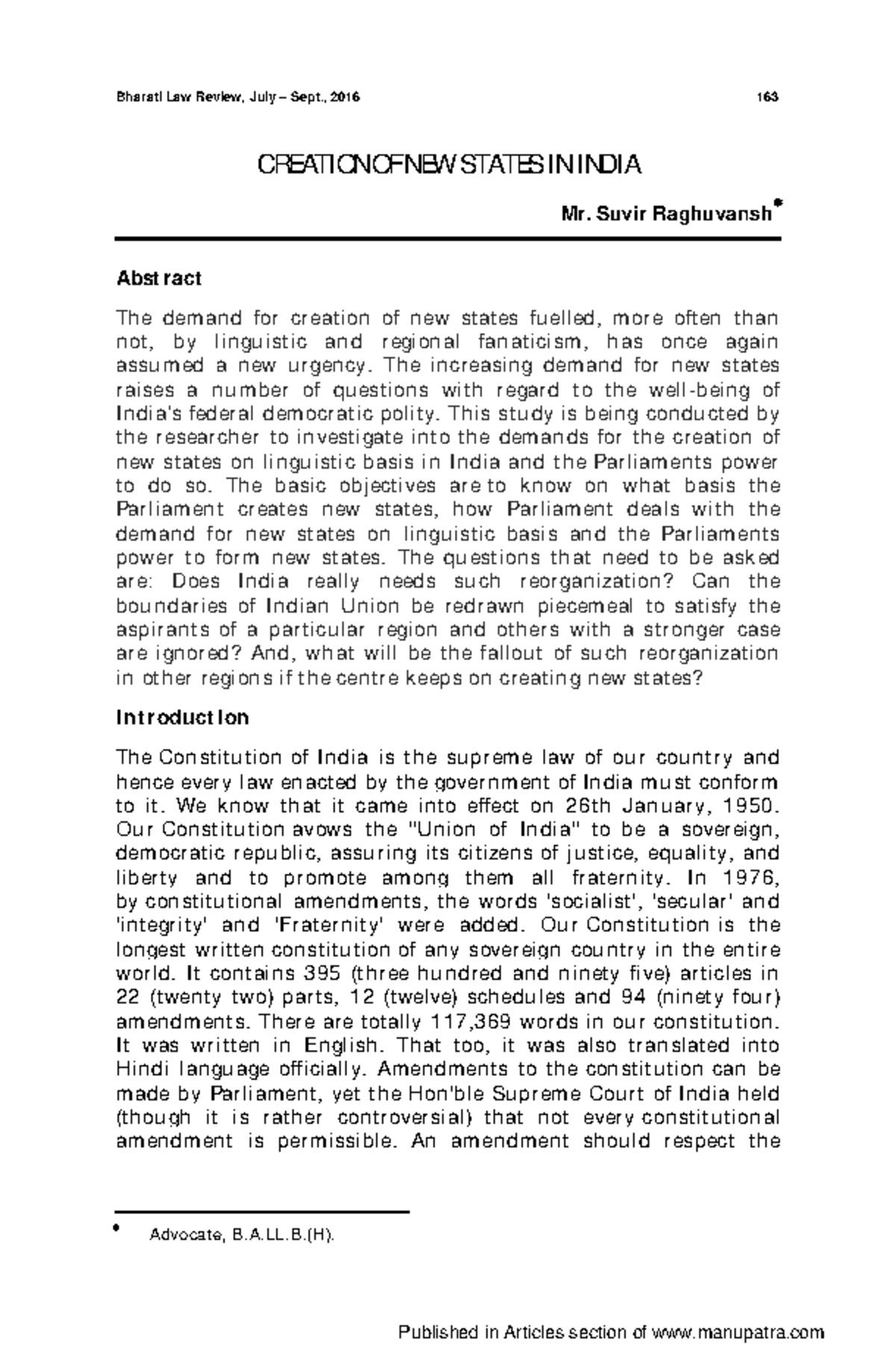 Formation of new states - CREATION OF NEW STATES IN INDIA Mr. Suvir ...