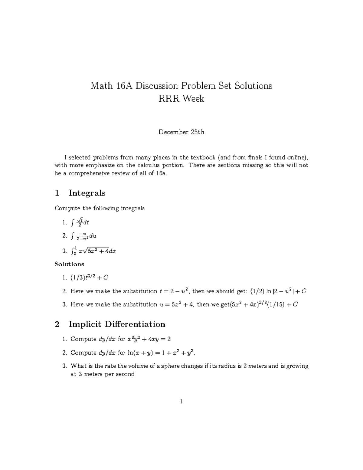 Math 16A study guide - Math 16A Discussion Problem Set Solutions RRR Week December 25th I ...