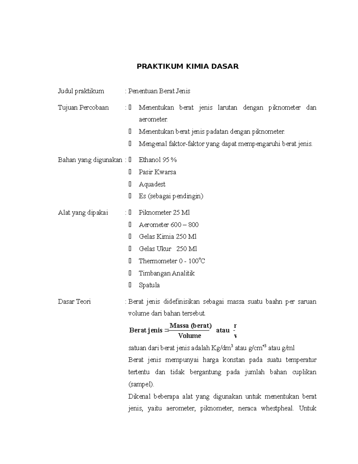 Penentuan Berat Jenis - Hdhdh - PRAKTIKUM KIMIA DASAR Judul praktikum ...