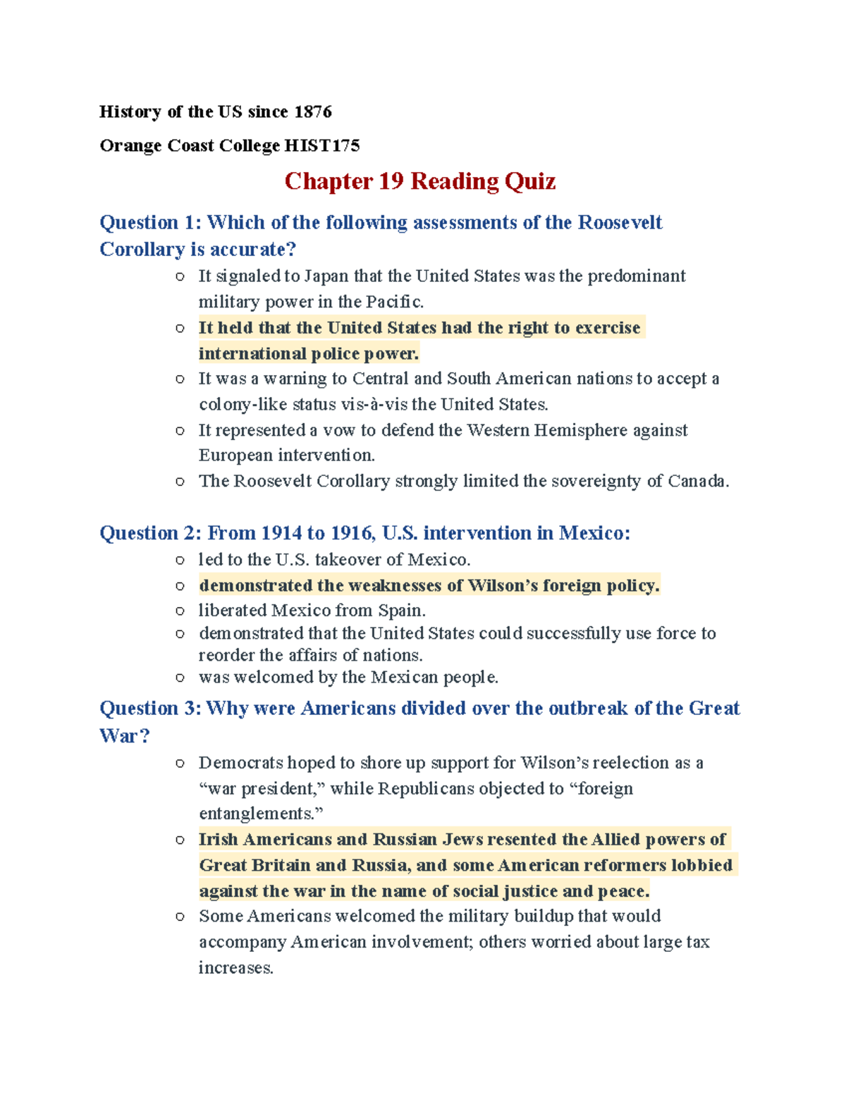 Chapter 19 Reading Quiz - History of the US since 1876 Orange Coast ...