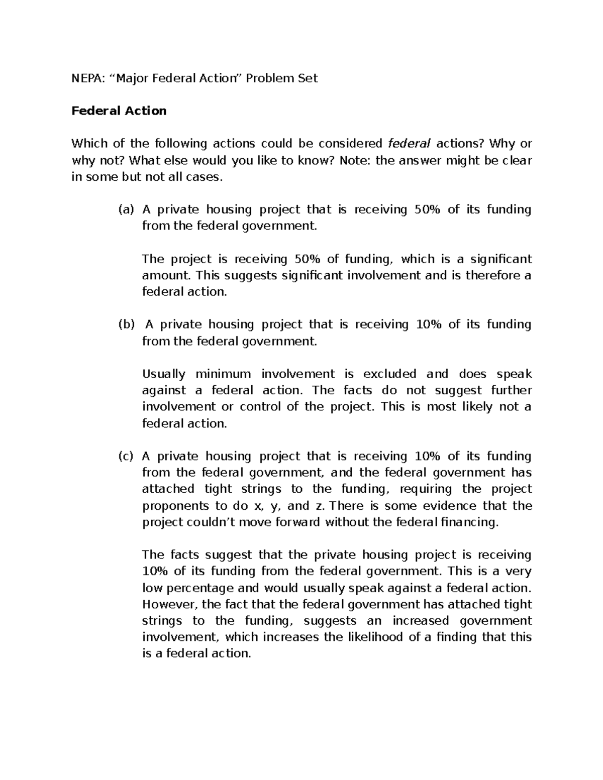 NEPA “Major Federal Action” Problem Set Assignment - NEPA: “Major ...