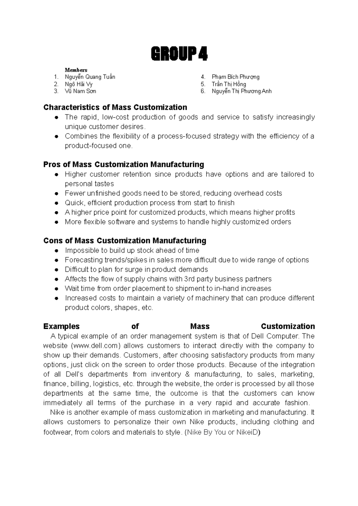 Mass customization- Operations Management - GROUP 4 Members Nguyễn ...