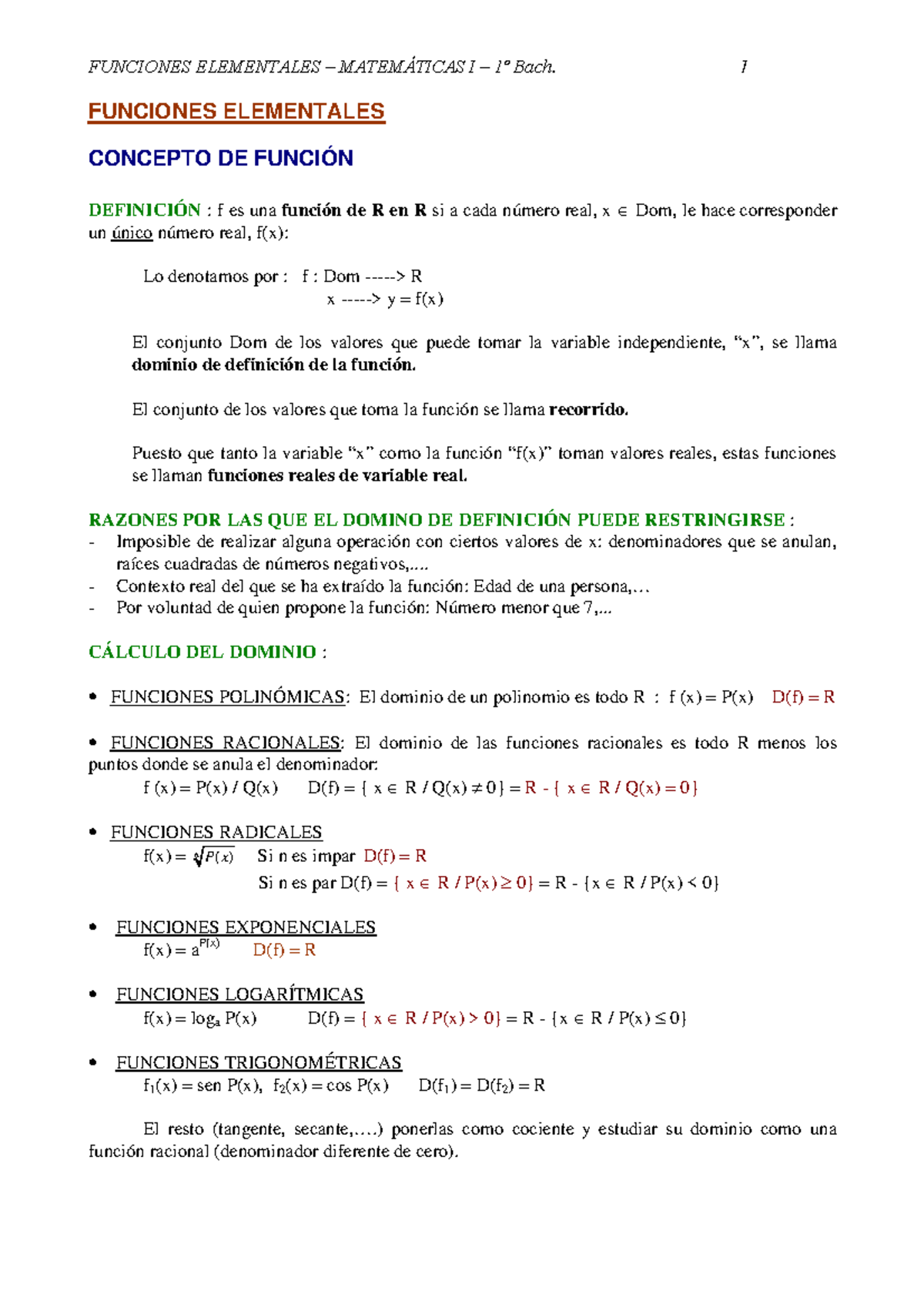 Funciones elementales - FUNCIONES ELEMENTALES CONCEPTO DE FUNCIÓN DEFINICIÓN : f es una función ...