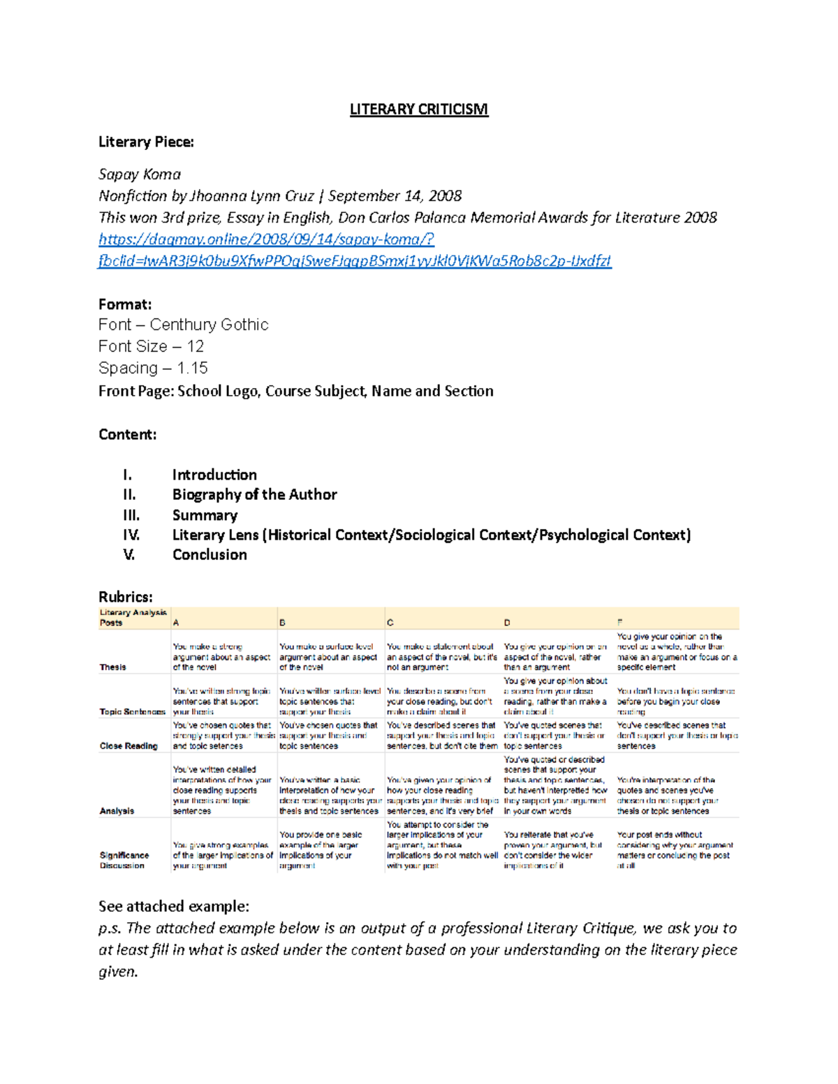 COR9 - Final Assessment - LITERARY CRITICISM Literary Piece: Sapay Koma ...