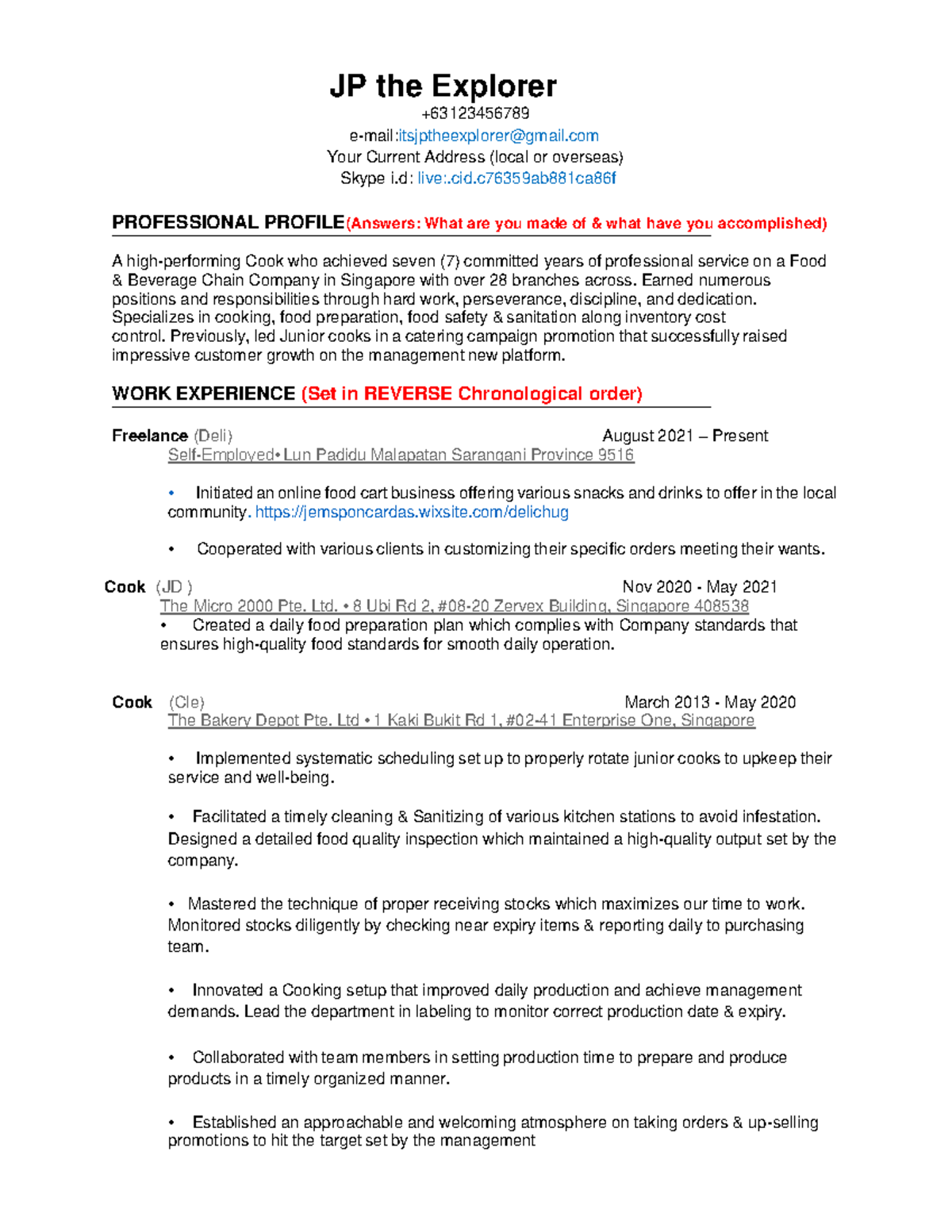 Sample pdf Resume with Work experience - JP the Explorer + e-mail ...