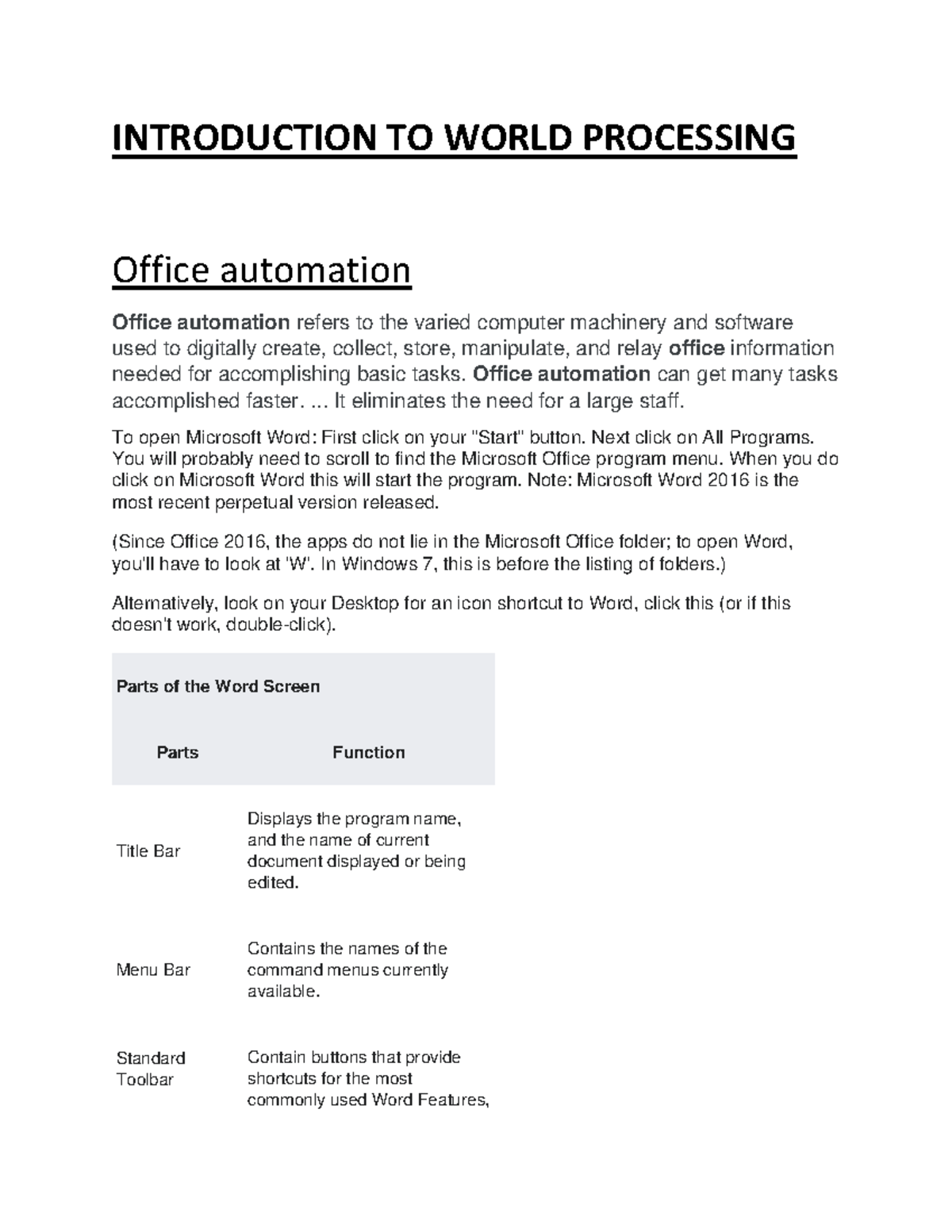 Open module two bba - computer science - INTRODUCTION TO WORLD PROCESSING Office automation ...