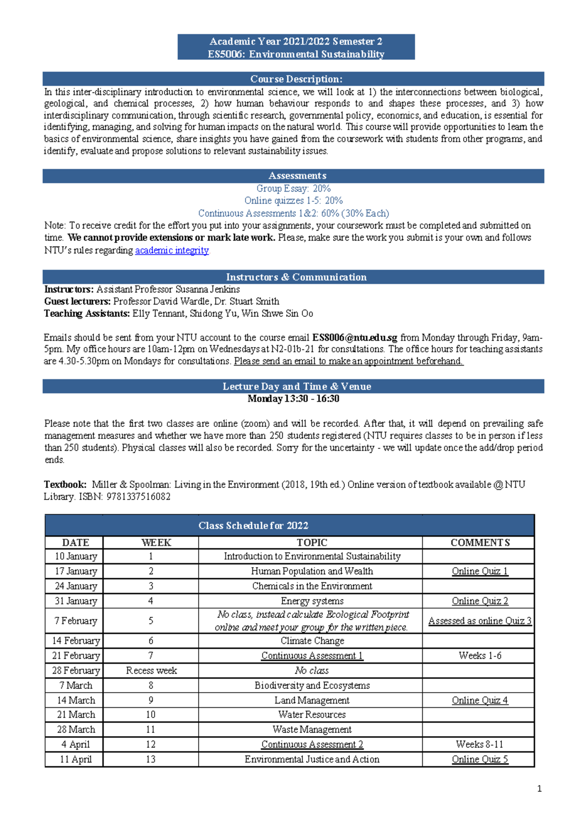 AY2022/2023 ES5006 Environmental Sustainability Course Outline - 1 ...