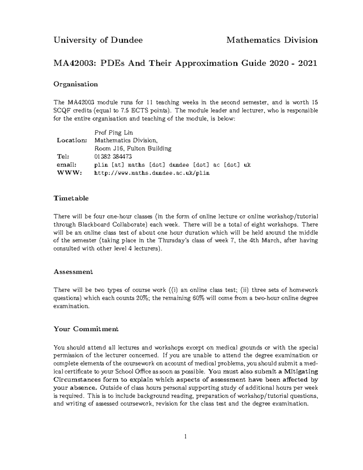 Module Guide - University of Dundee Mathematics Division MA42003: PDEs ...