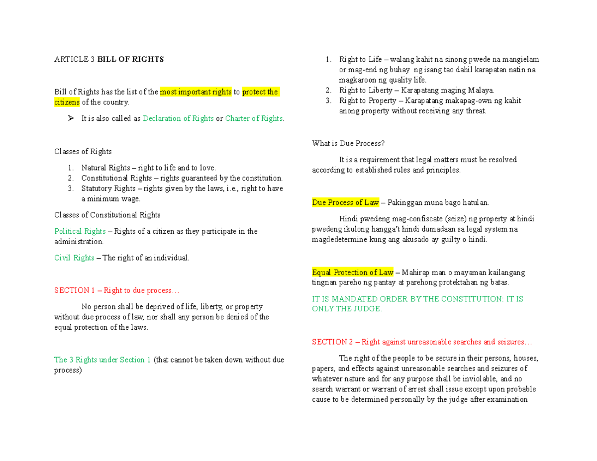 Article-III Section-1-11 - ARTICLE 3 BILL OF RIGHTS Bill of Rights has ...