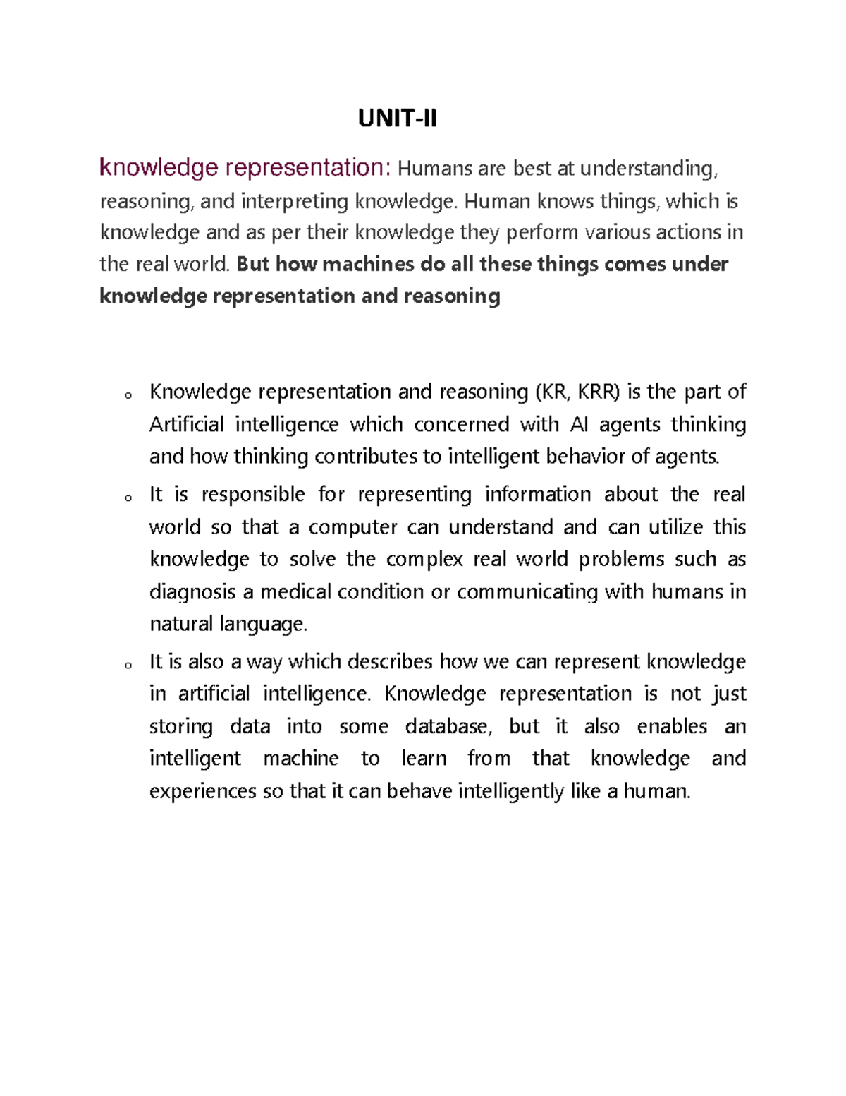 UNIT II - Unit 2 heat transfer - UNIT-II knowledge representation: Humans are best at ...