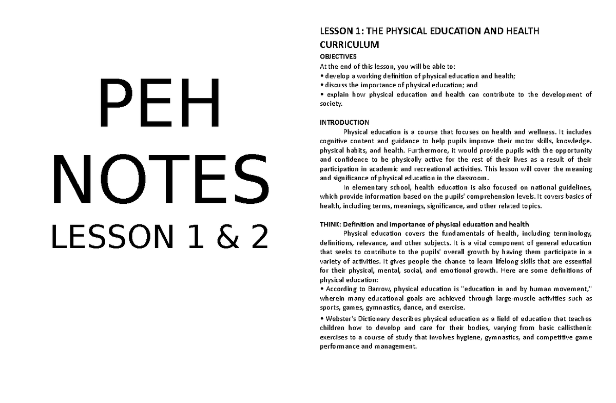 PEH Notes - PEH NOTES LESSON 1 & 2 LESSON 1: THE PHYSICAL EDUCATION AND ...