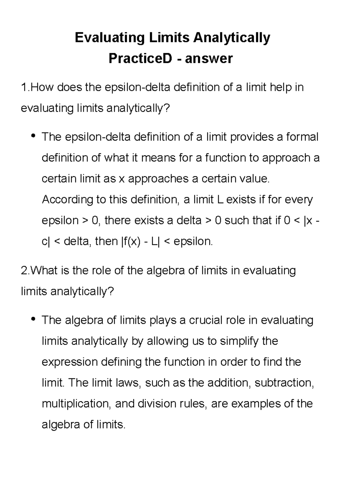 Evaluating Limits Analytically Practice D - answer - Evaluating Limits ...