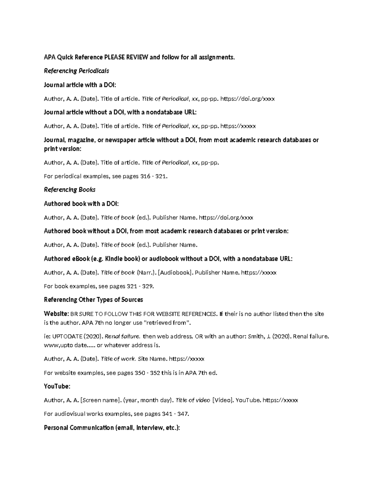 APA ref sheet - APA reference guide - APA Quick Reference PLEASE REVIEW ...