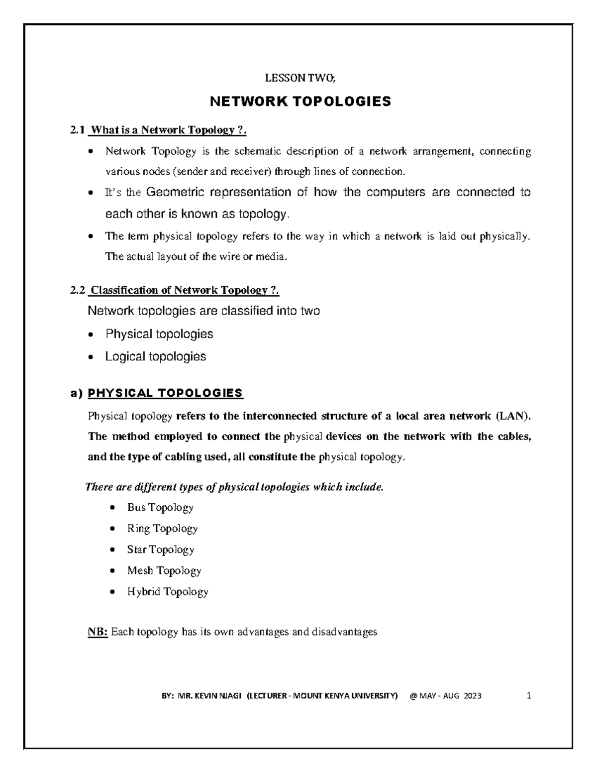 Lesson 2 Network Topology - LESSON TWO; NETWORK TOPOLOGIES 2 What is a ...
