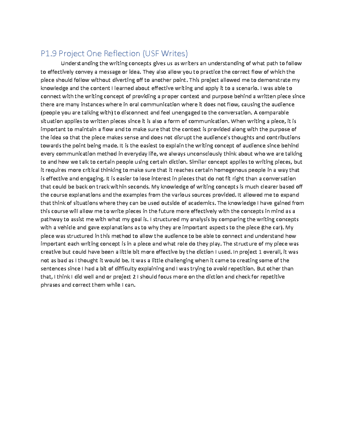 P1.9 Project One Reflection (USF Writes) - P1 Project One Reflection ...