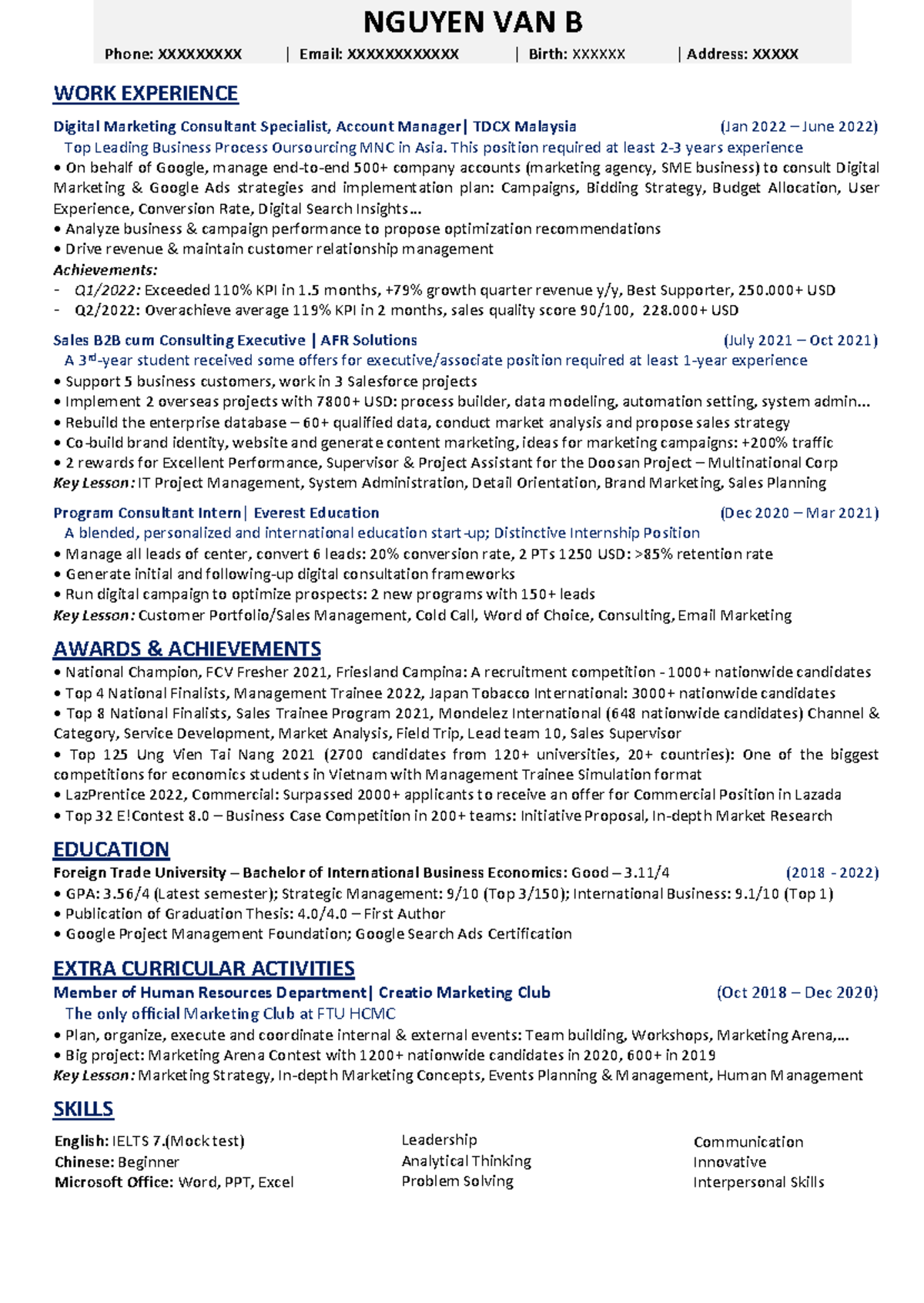CV MT - CV MT - NGUYEN VAN B WORK EXPERIENCE Digital Marketing ...