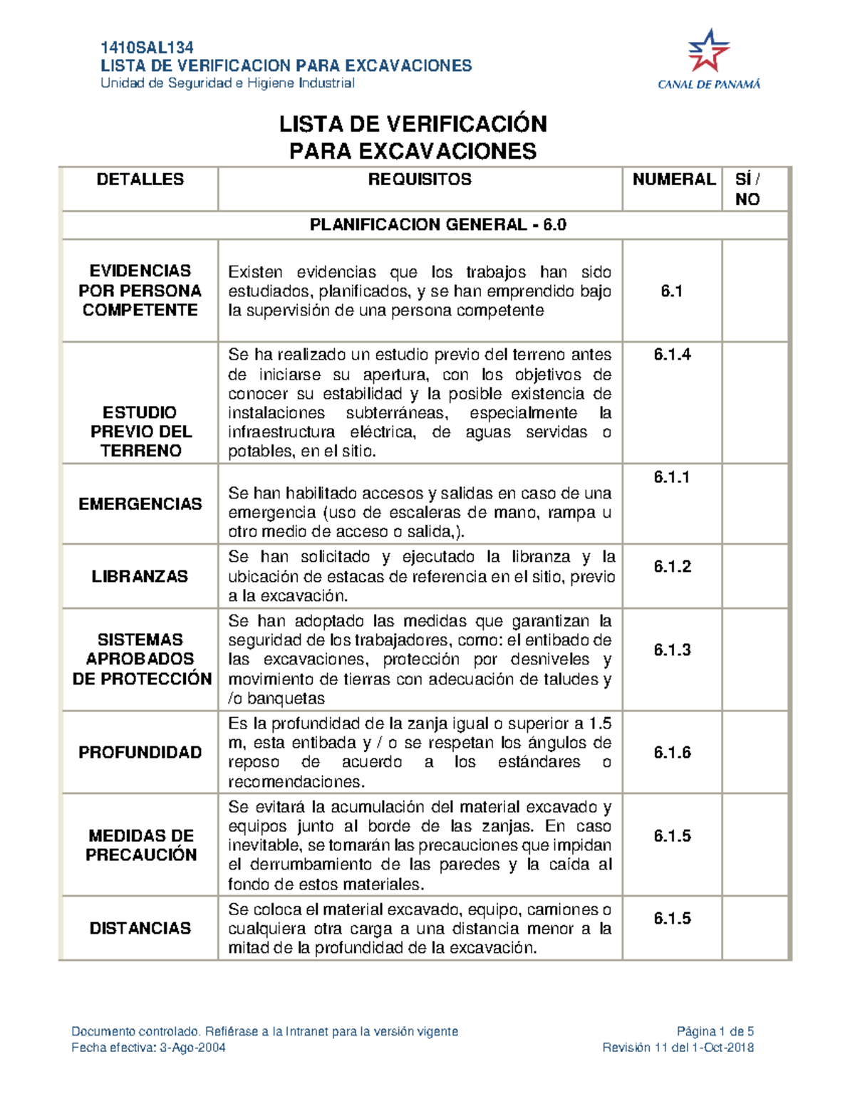 134 lista de verificacion - LISTA DE VERIFICACION PARA EXCAVACIONES ...
