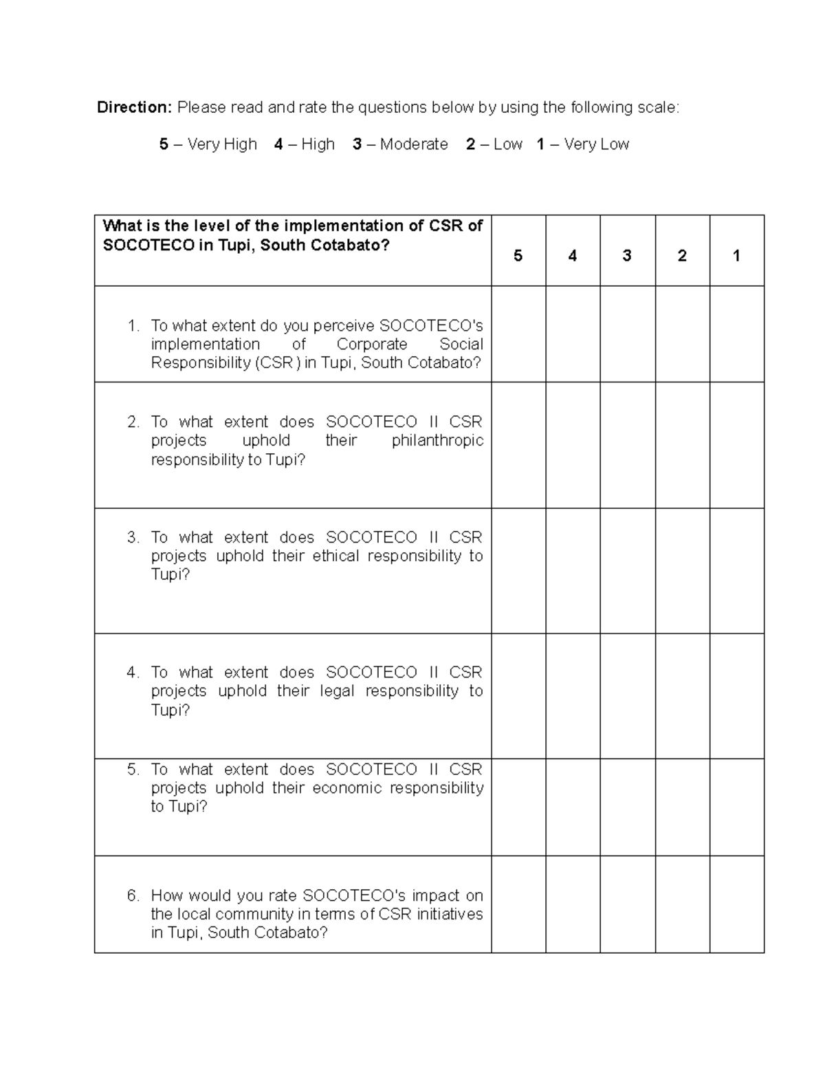 Questionnaires g7 - Essay - Direction: Please read and rate the ...