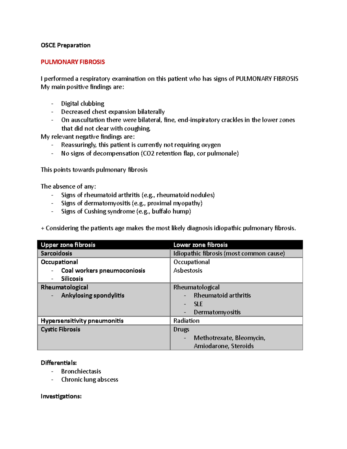 OSCE Prep - Summary of conditions - OSCE Preparation PULMONARY FIBROSIS ...