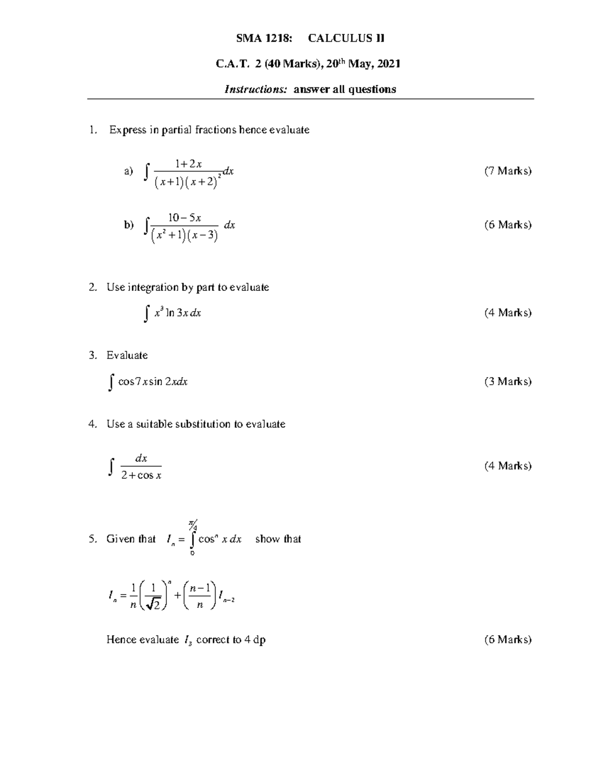 SMA 1218 CAT 2 2021 - SMA 1218: CALCULUS II C.A. 2 (40 Marks), 20th May ...