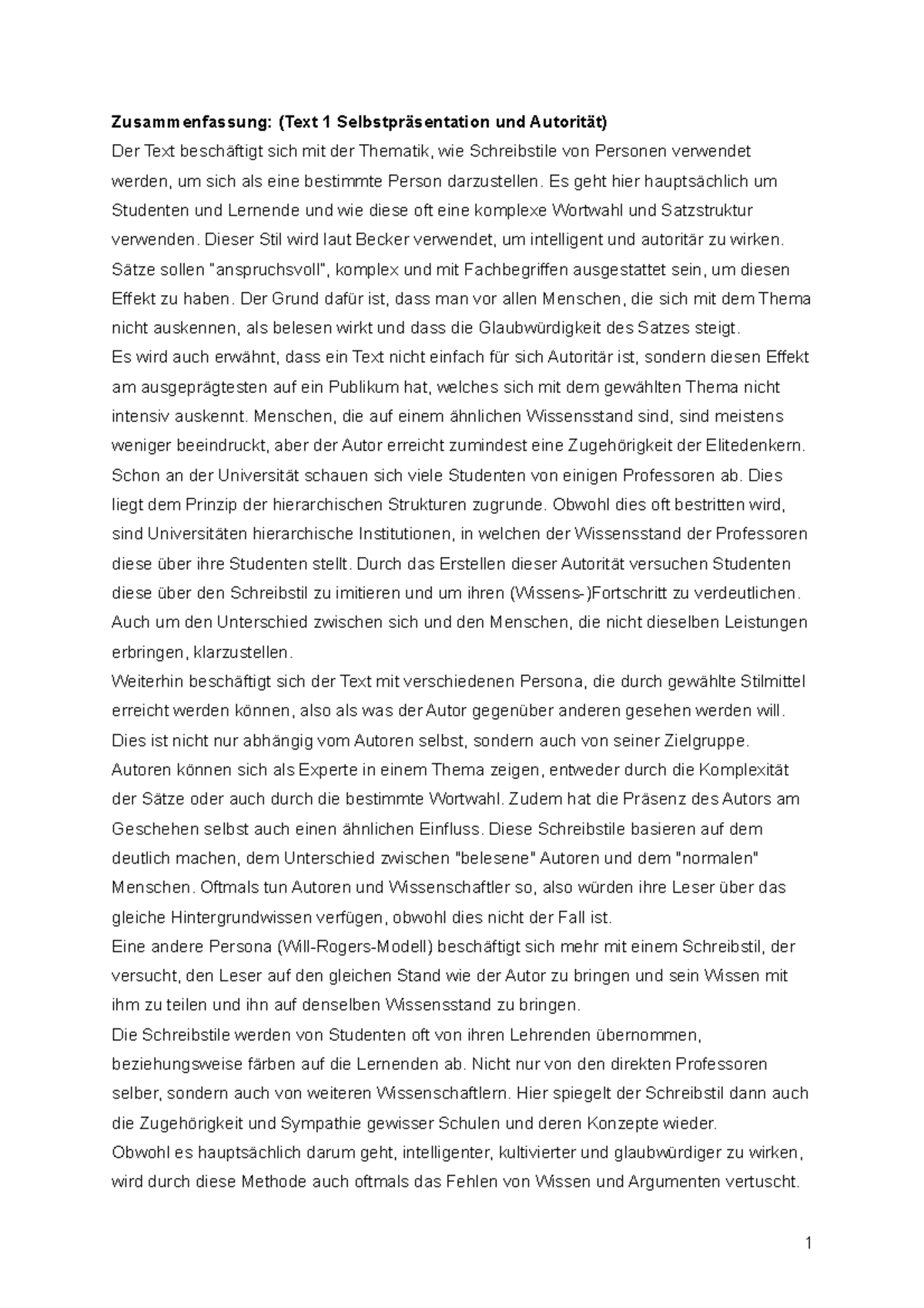 Zusammenfassung Selbstpräsentation und Autorität - Zusammenfassung ...