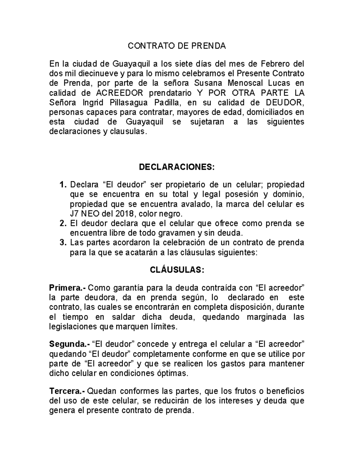 Contrato DE Prenda - información concreta - CONTRATO DE PRENDA En la ...