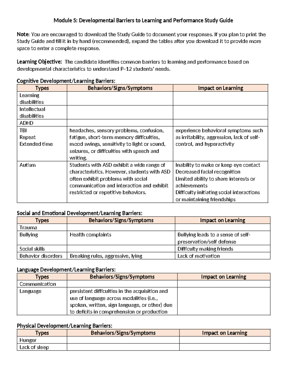 D094 d307 m5 study guide - Module 5: Developmental Barriers to Learning ...