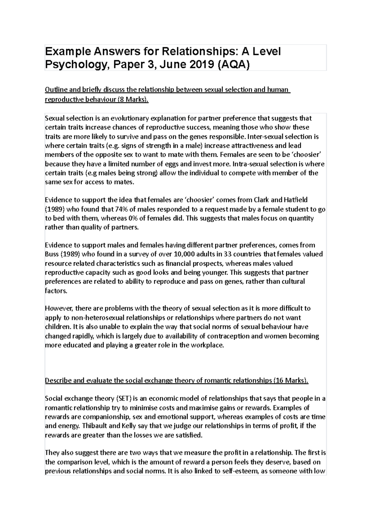 Example Answers for Relationships- A Level Psychology, Paper 3, June ...