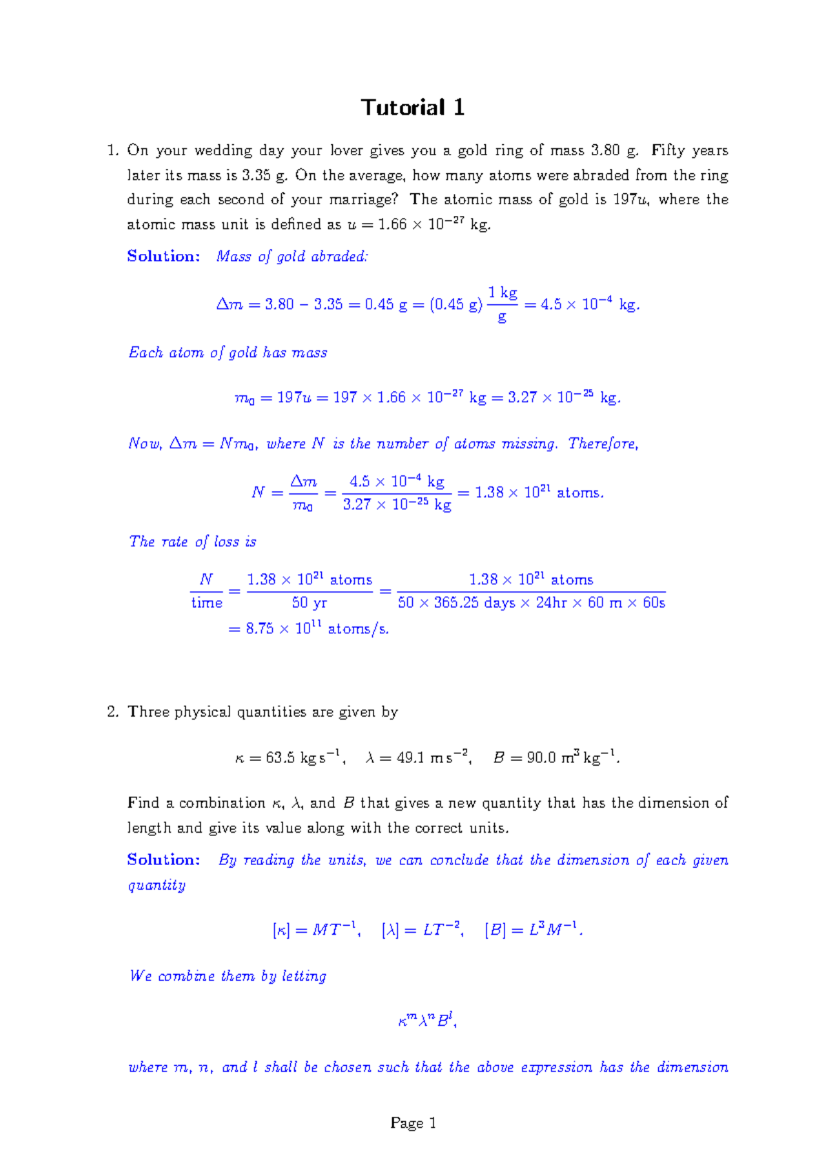 Tutorial 01-soln - nooooooooooooooo - Tutorial 1 On your wedding day your lover gives you a gold ...