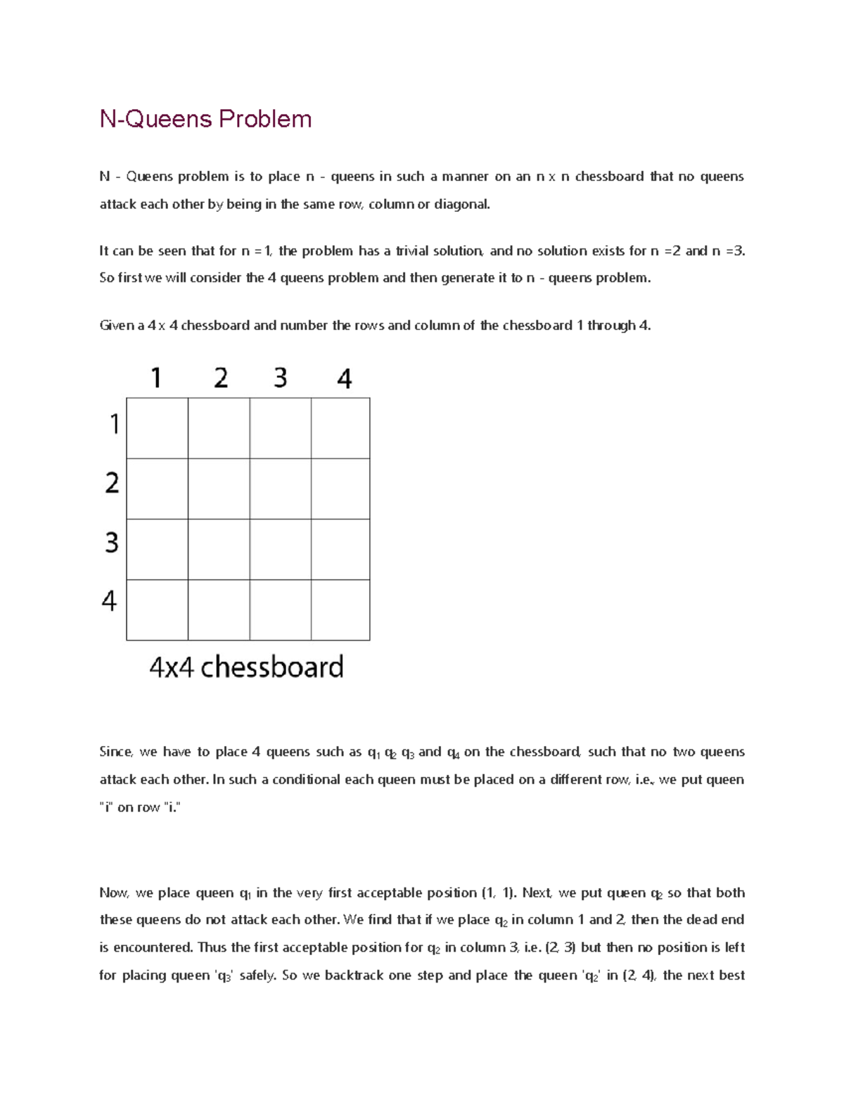 N queen problem - It can be seen that for n the problem has a trivial ...