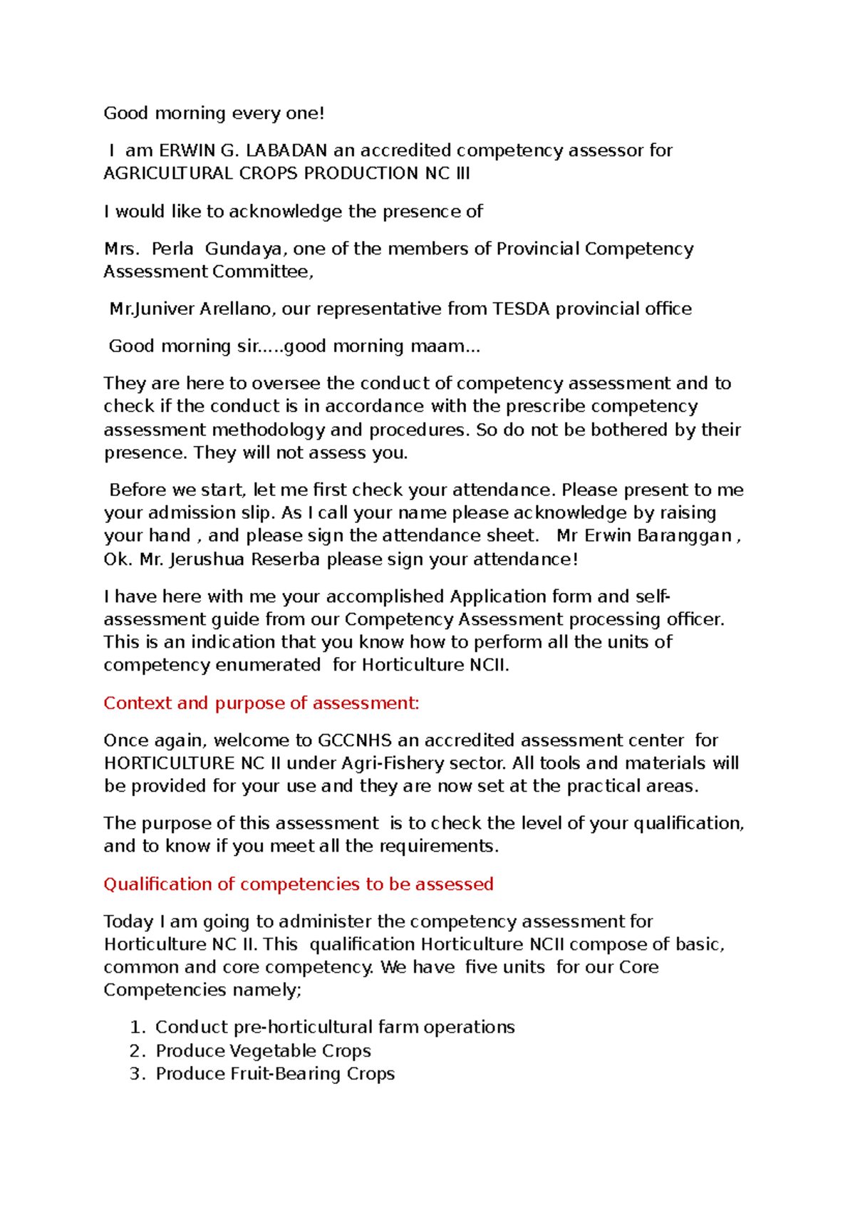 Conduct-Scipt-Sample - Good morning every one! I am ERWIN G. LABADAN an ...