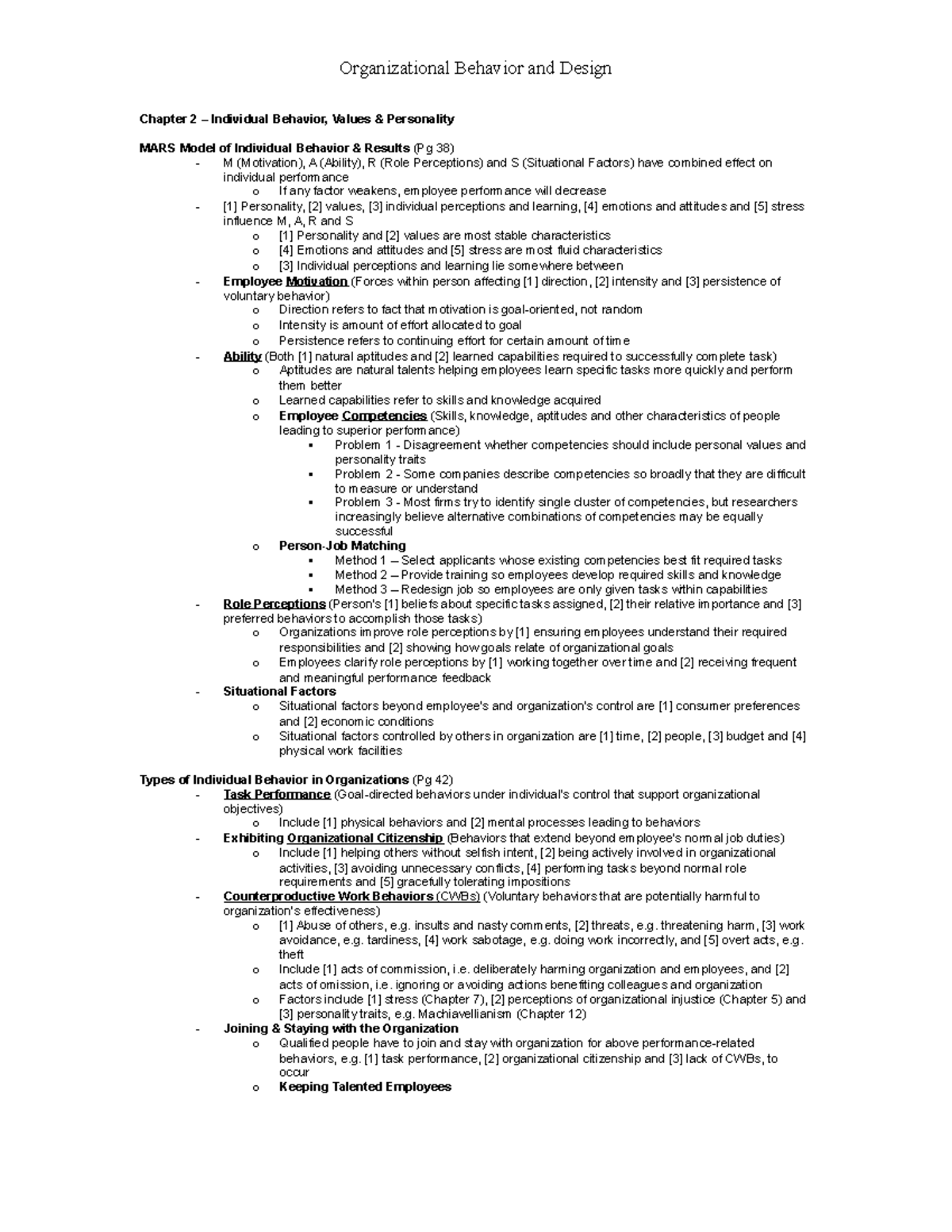 OB Summary Notes - Chapter 2 – Individual Behavior, Values ...
