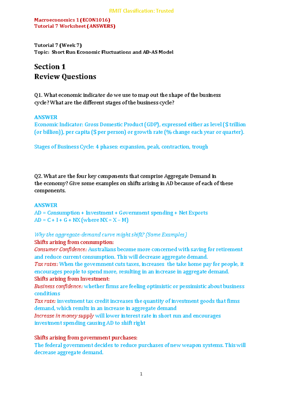 Tutorial 7 - Solutions - Macroeconomics 1 (ECON1016) Tutorial 7 ...