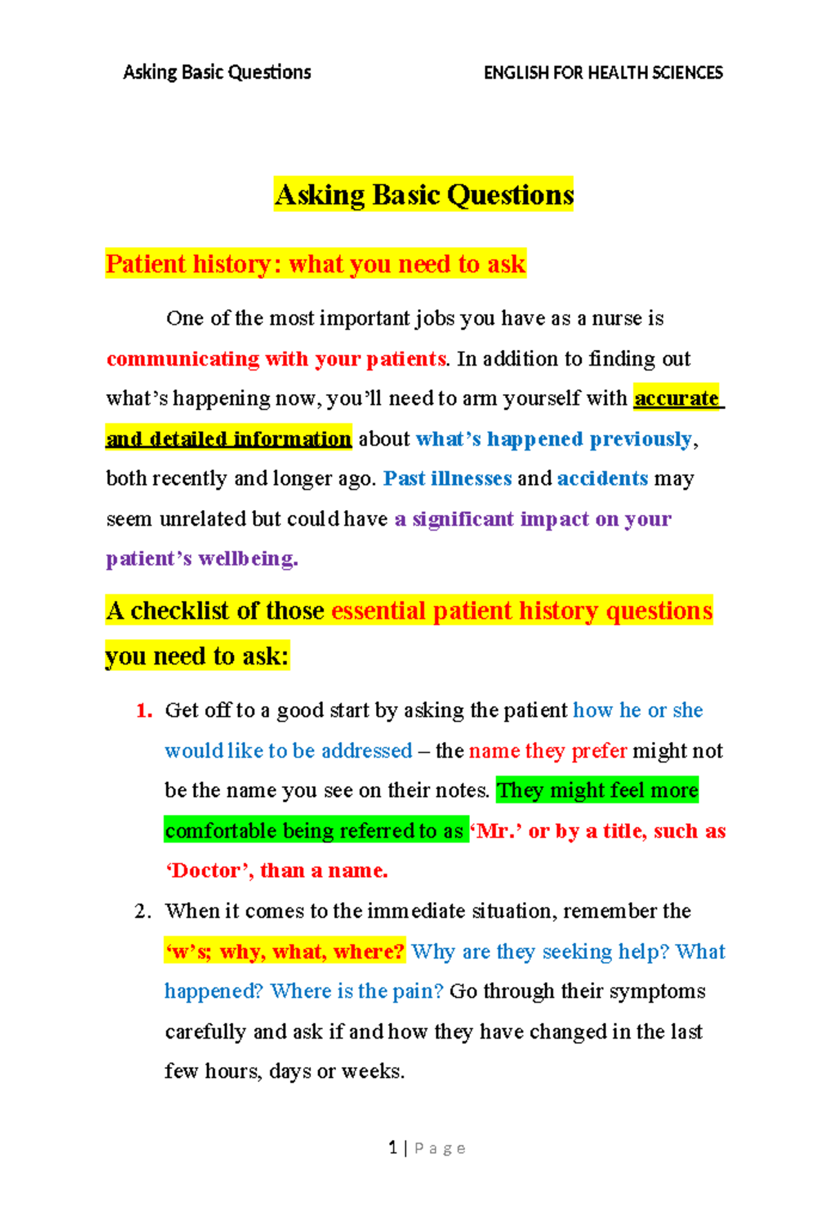 A - English lectures - Asking Basic Questions Patient history: what you ...