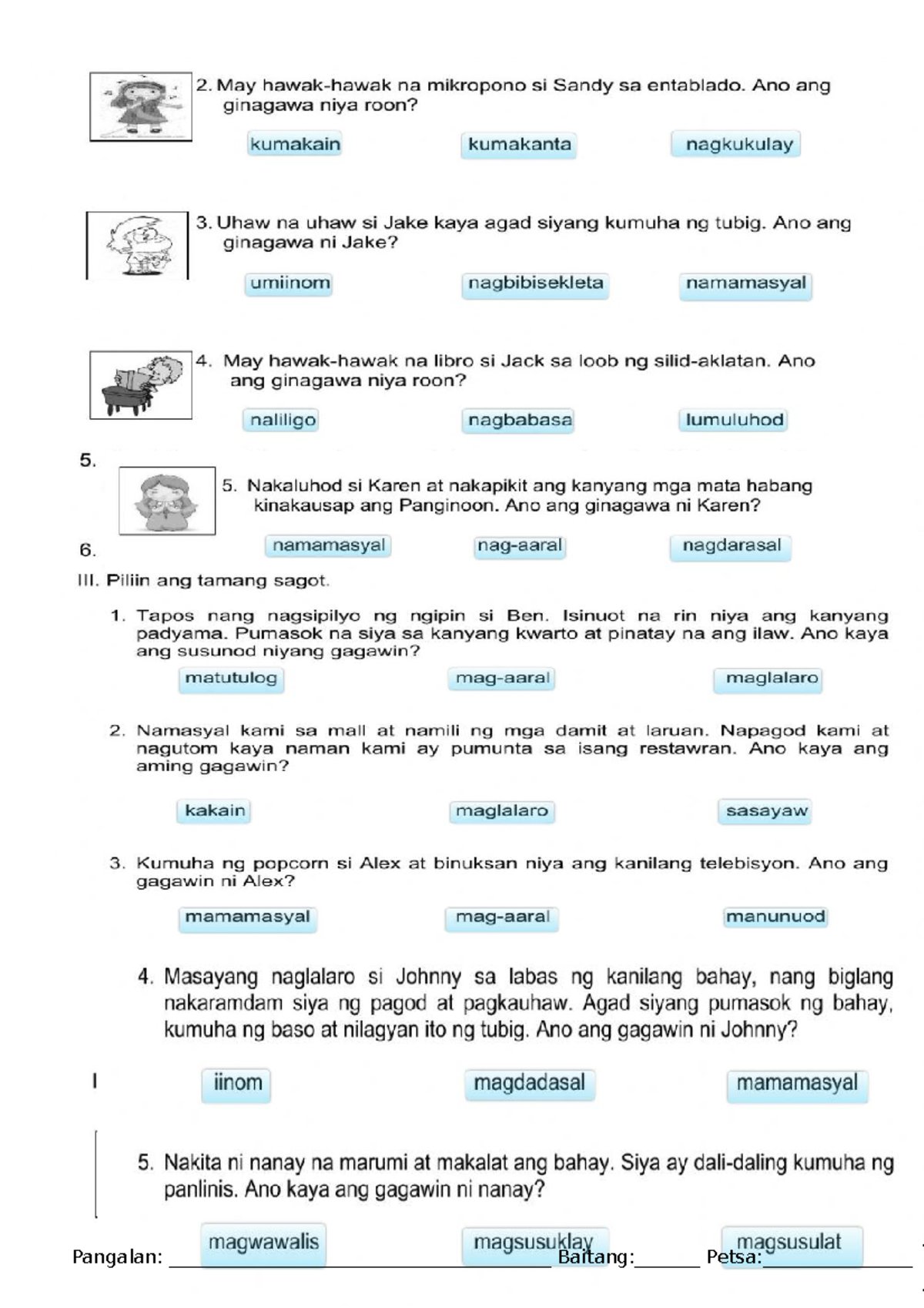 Filipino worksheets - VERY USEFUL - BSED- Science - Pangalan: - Studocu
