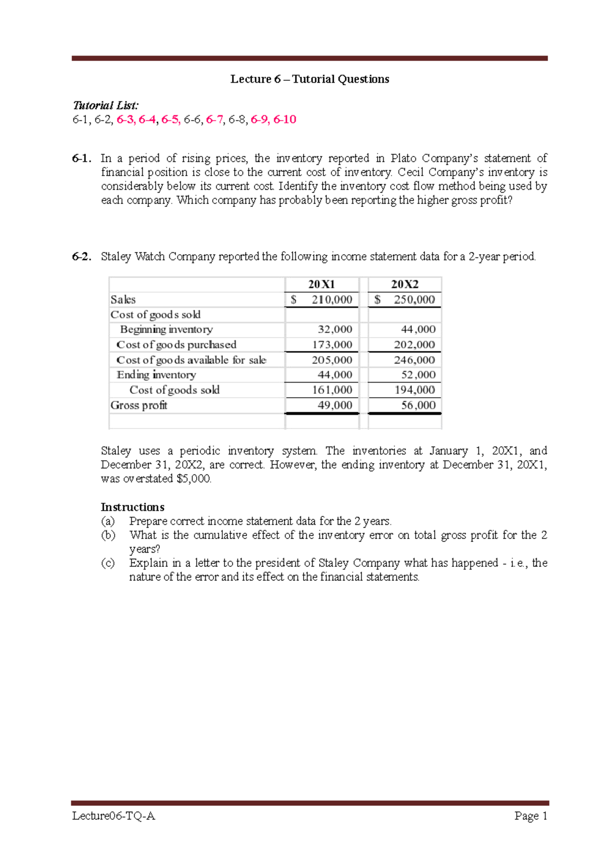 Lecture 06 TQ A R - Lecture 6 – Tutorial Questions Tutorial List: 6-1, 6-2, 6-3, 6-4, 6-5, 6-6 ...