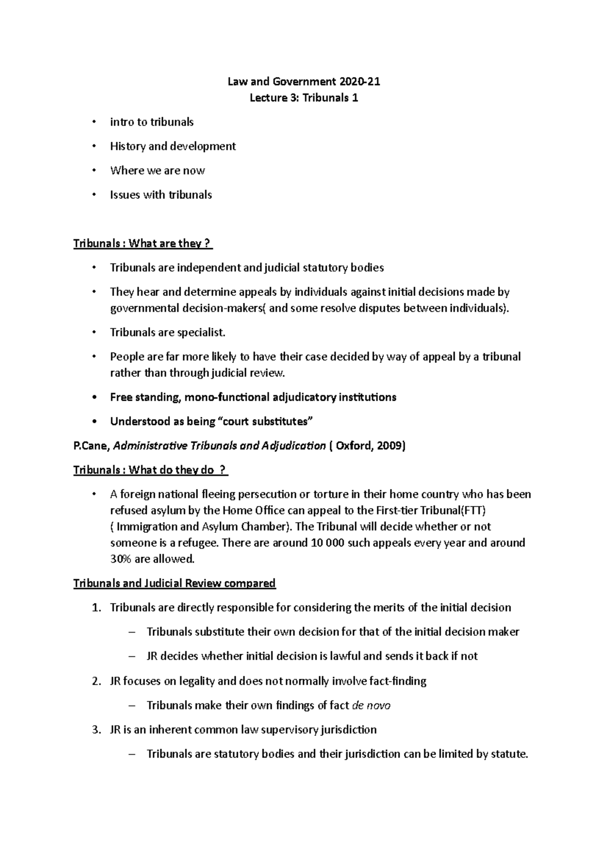 Lecture Notes - Law and Government 2020- Lecture 3: Tribunals 1 intro ...