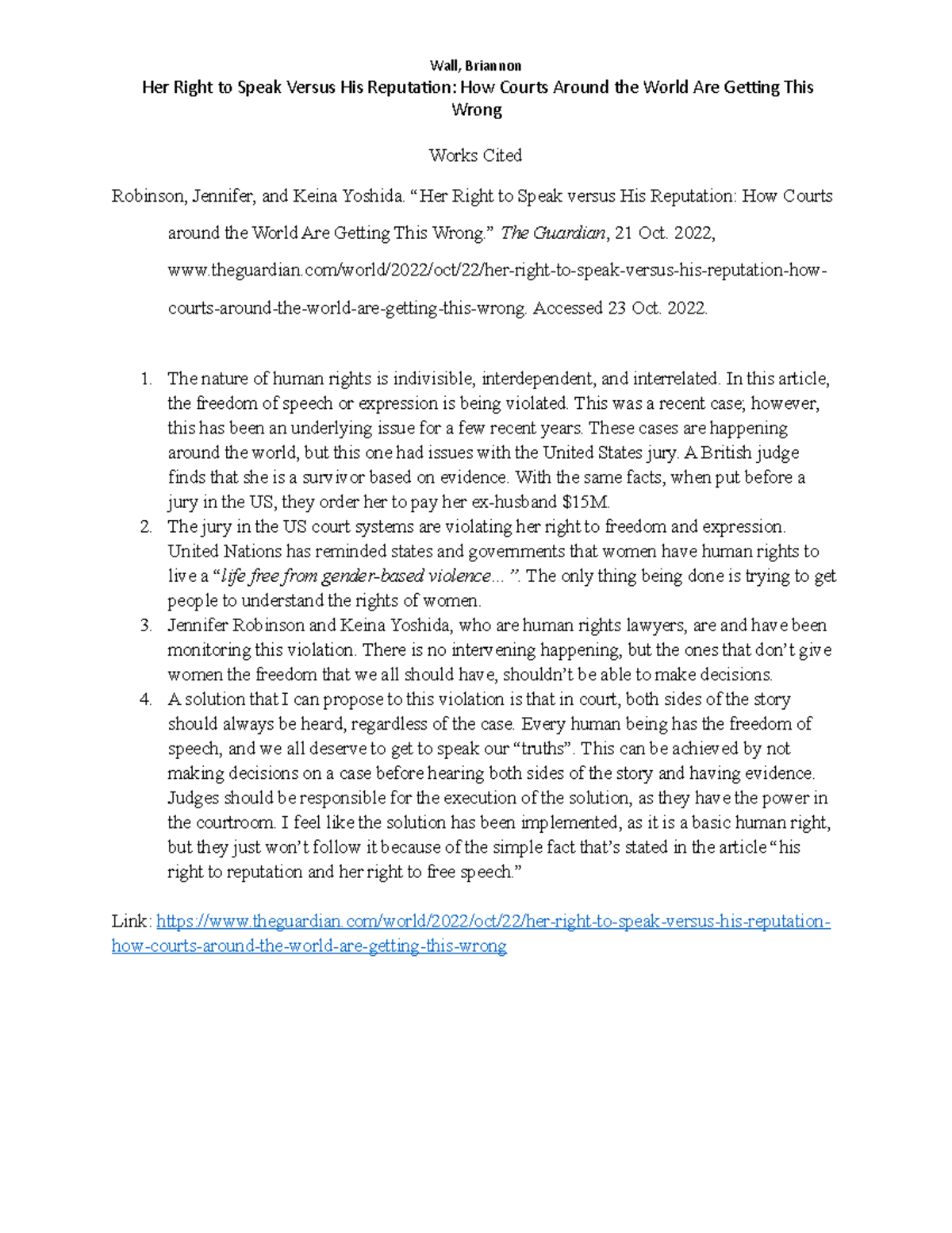 Human Rights Research Homework - Wall, Briannon Her Right to Speak ...