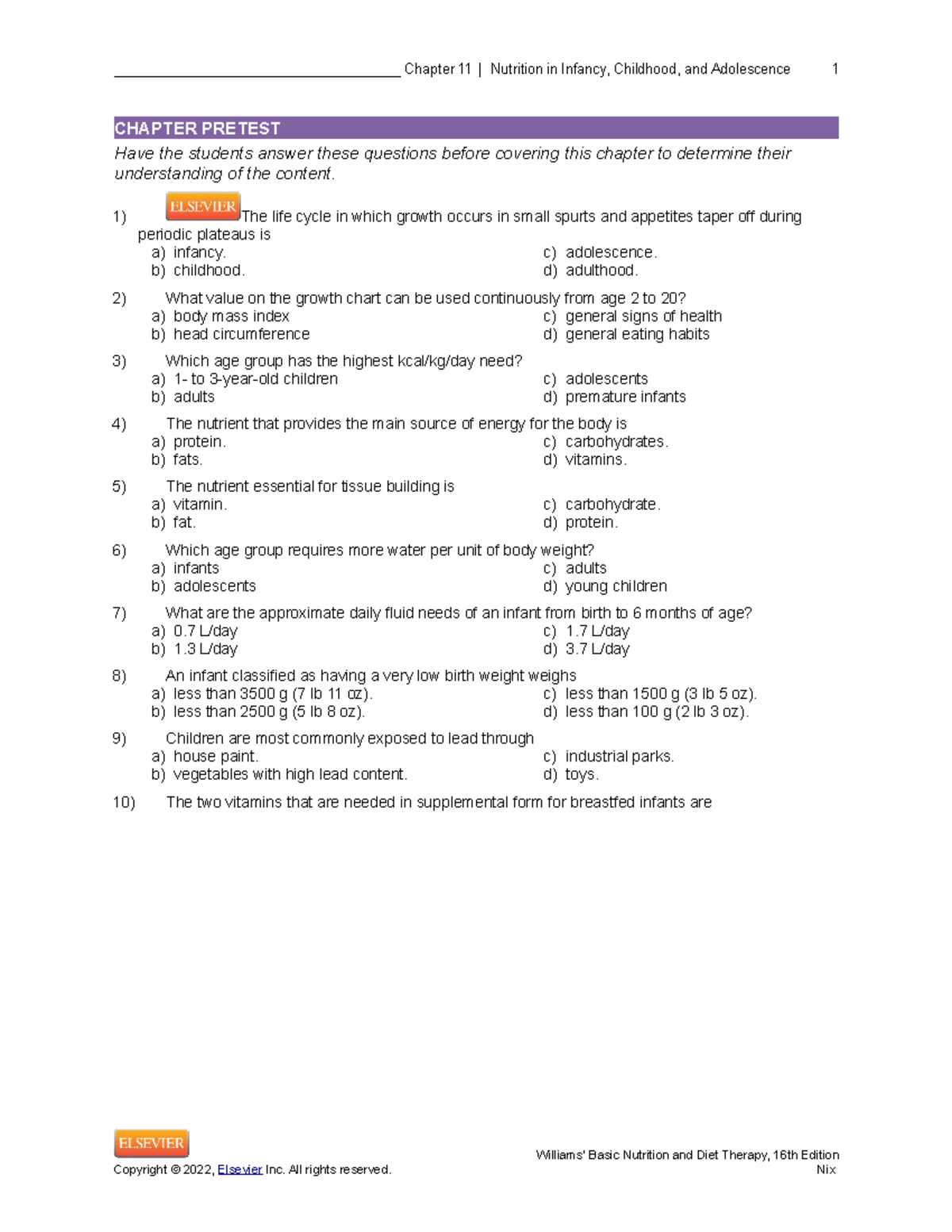 11 Chapter Pretest 1 Assignment Chapter 11 Nutrition