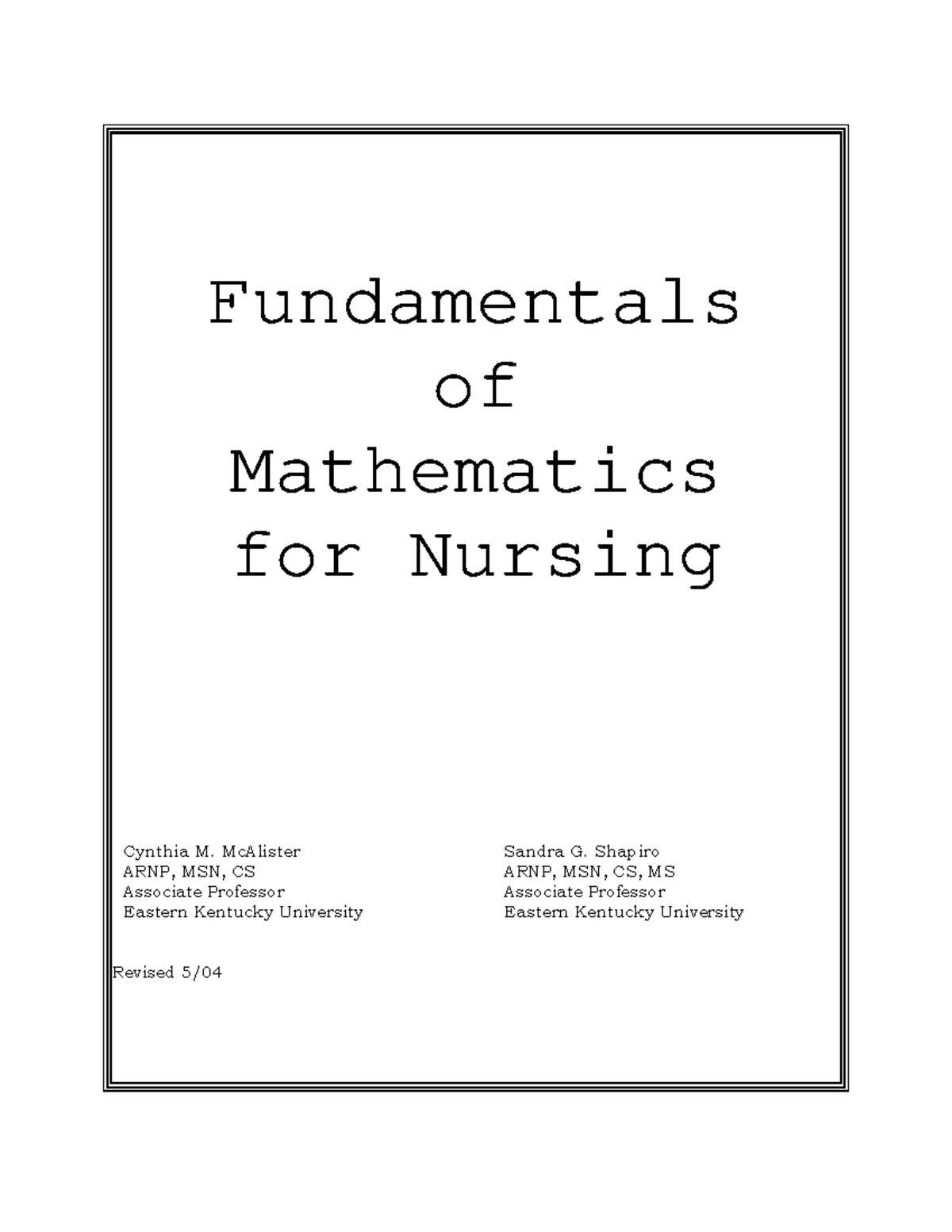 Nursing Math - Info - Fundamentals of Mathematics for Nursing Cynthia M ...