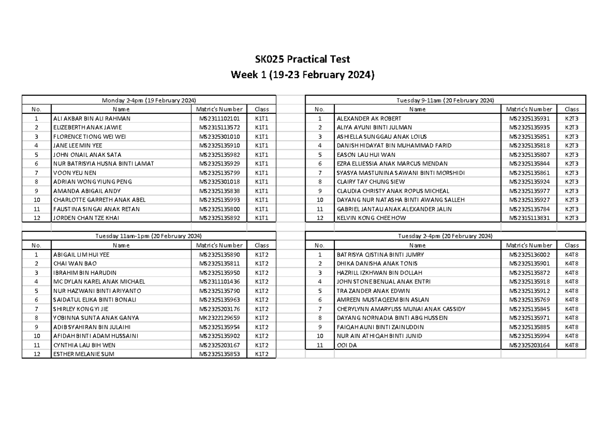 SK025 Practical Test Schedule 2024 - SK0 2 5 Practical Test Week 1 ( 19 ...