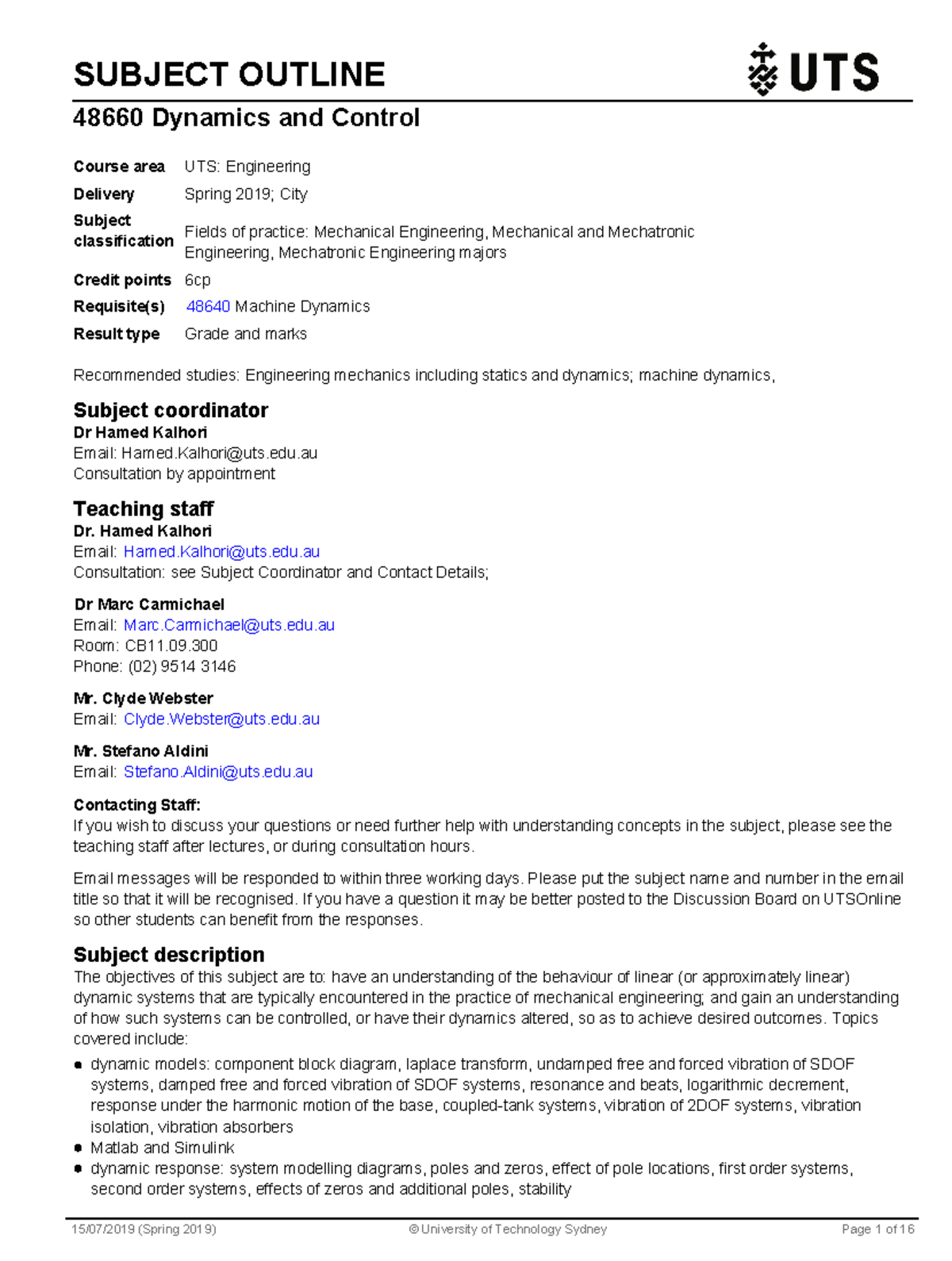 PDFs - Subject Outline - SUBJECT OUTLINE 48660 Dynamics and Control ...